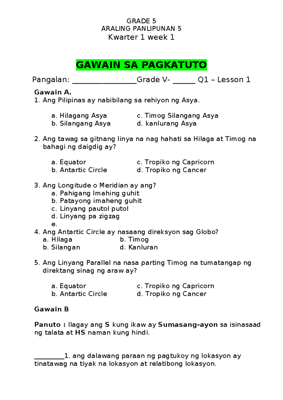 G5 AP Q1W1 Activity Sheet: Araling Panlipunan Lesson 1 - Studocu