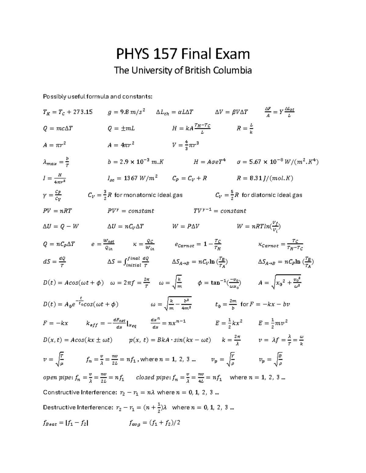 PHYS 157 Final Exam Formula Sheet - UBC 2025 - Studocu