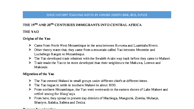 MSCE HISTORY TEACHING NOTES: Yao and Lomwe Migration in Central Africa ...