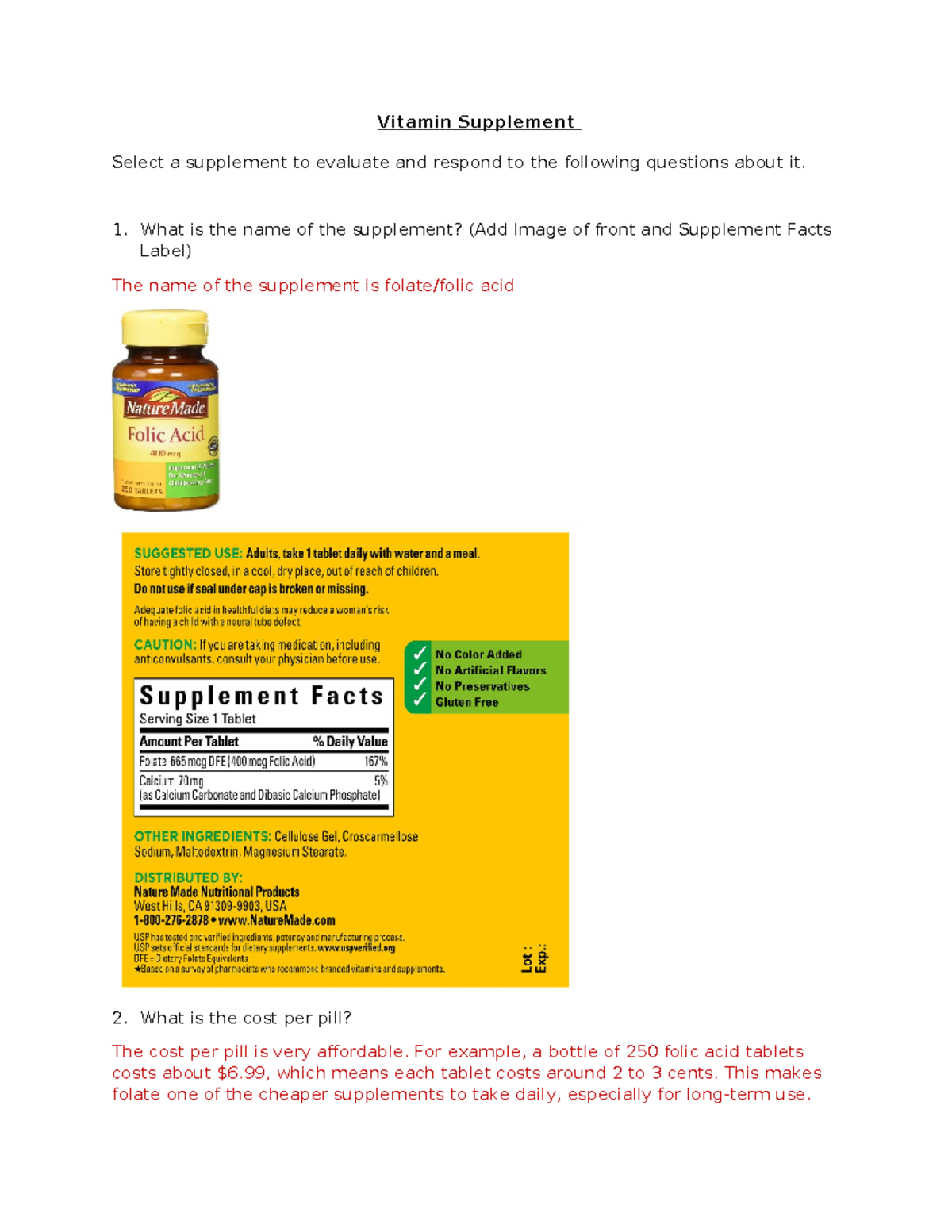 Vitamin Supplement Assignment: Folic Acid Evaluation - Studocu