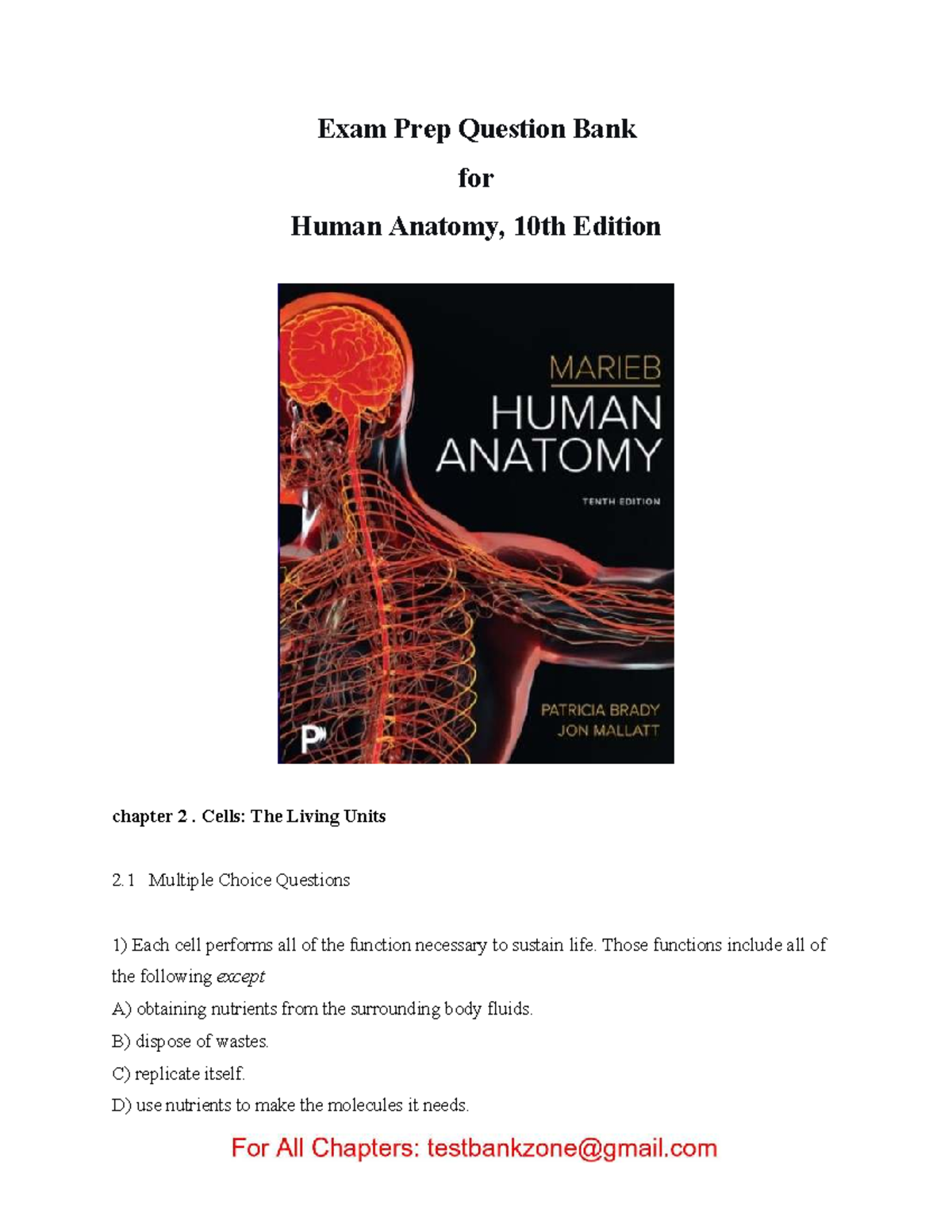Exam Prep Question Bank for Human Anatomy 10th Edition: Chapter 2 Cells ...