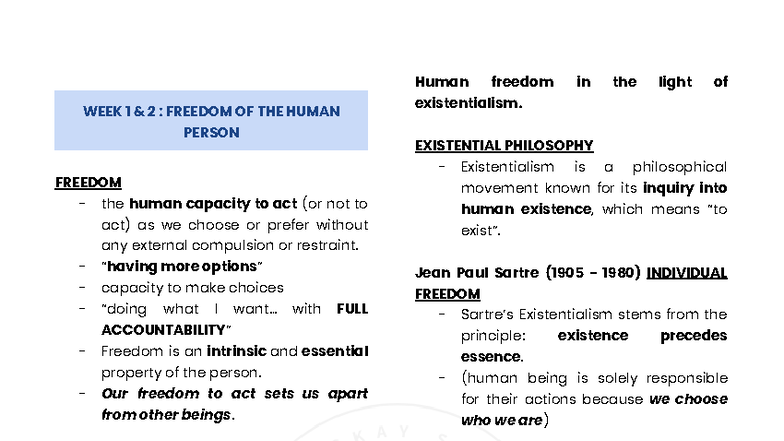 WEEK 1-6: FREEDOM, INTERSUBJECTIVITY & DEATH IN PHILOSOPHY (Q2) - Studocu