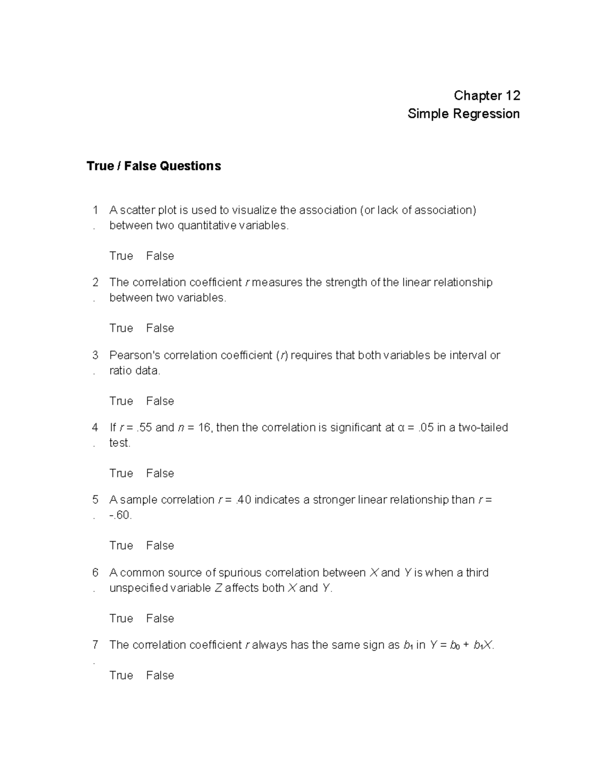 SB Test Bank: Chapter 12 Simple Regression True/False Questions - Studocu