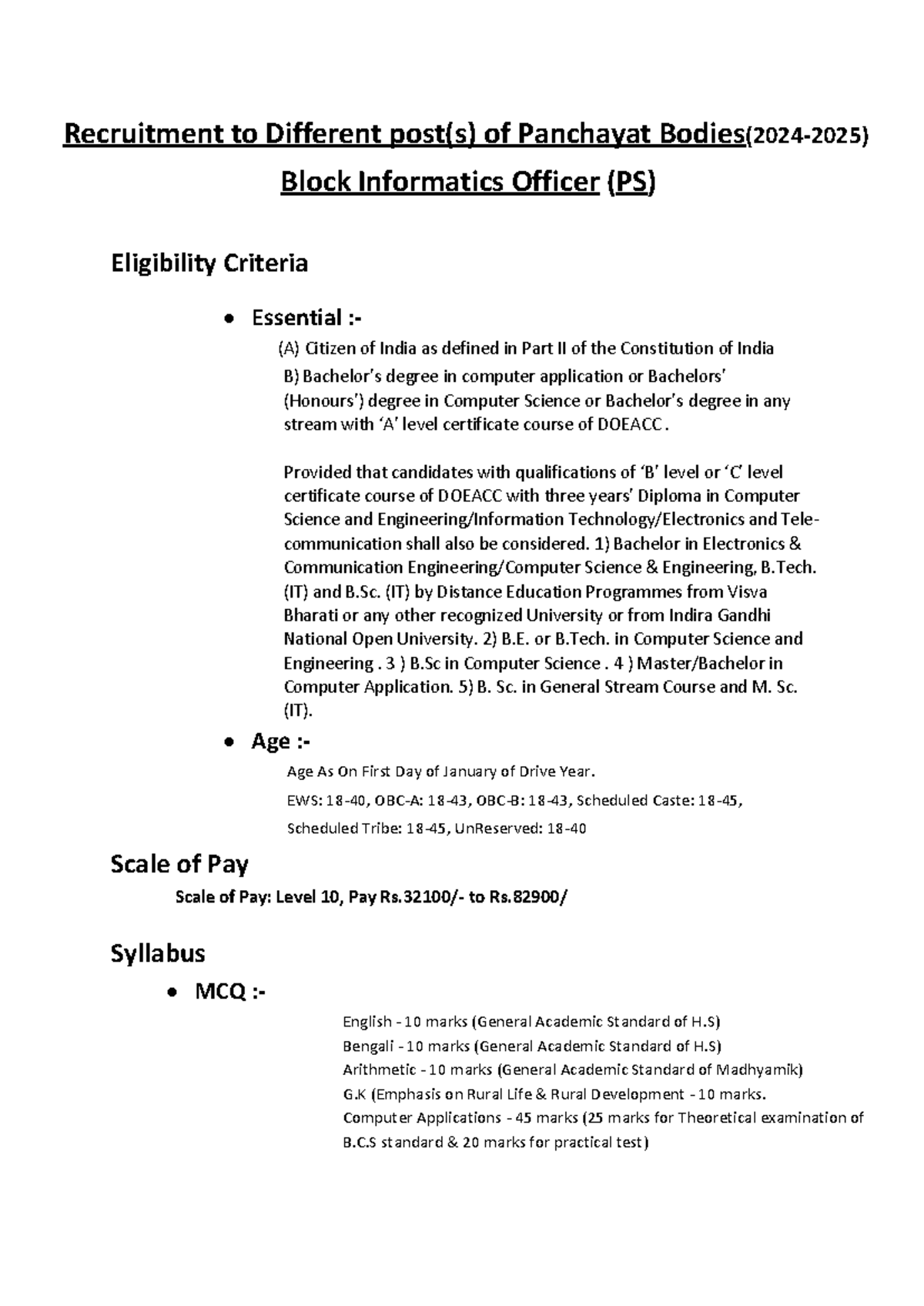 PS Recruitment Eligibility Criteria for Block Informatics Officer - Studocu