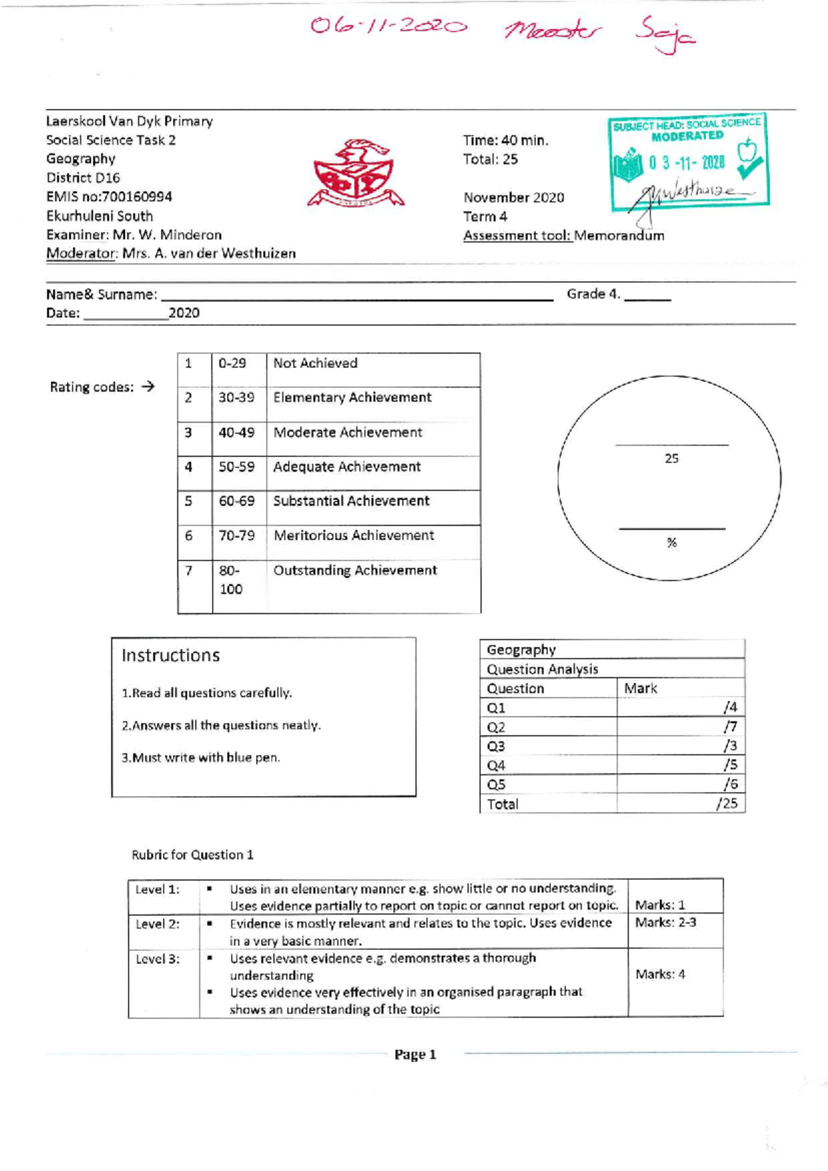 Grade 4 Social Science Geography Task 2 - November 2020 Exam - Studocu