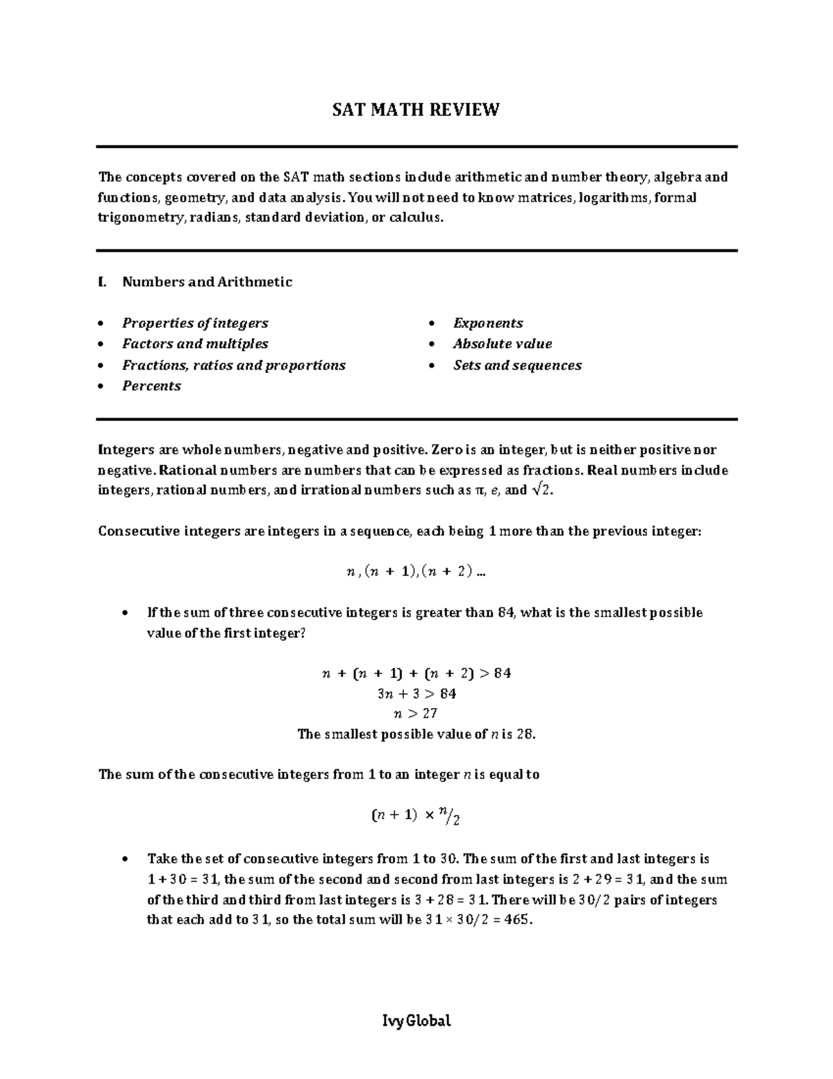 Ivy Global SAT Math Review: Key Concepts and Problem Solving - Studocu