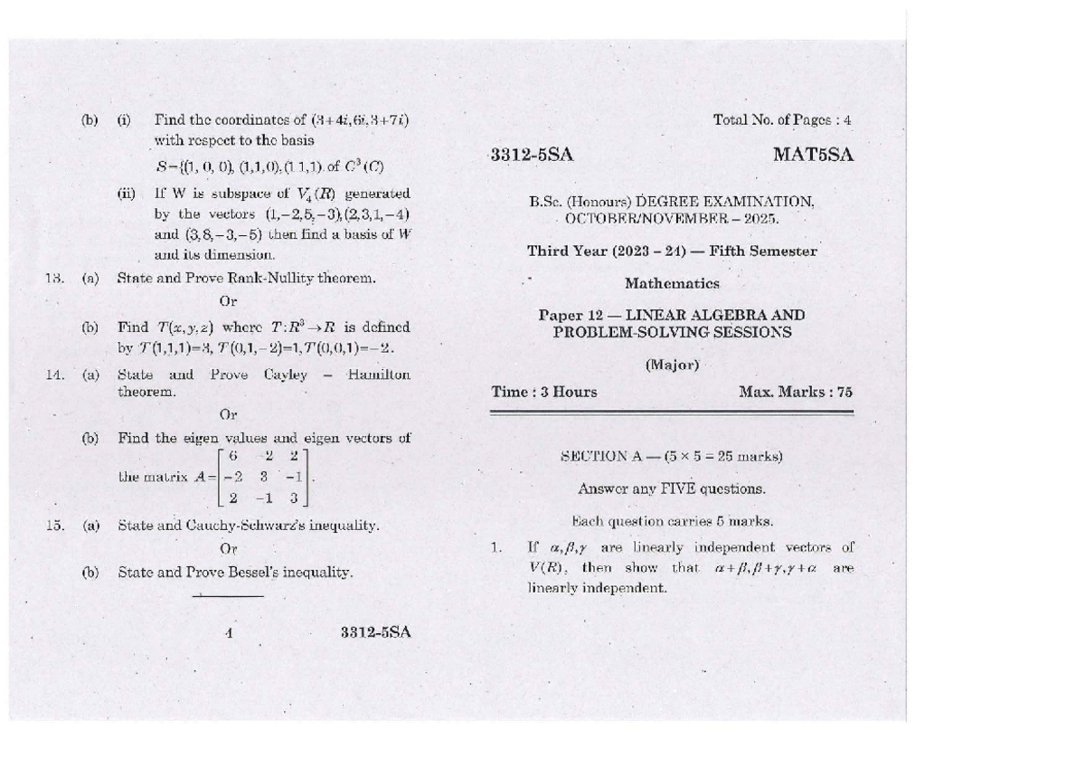 B.Sc. (Hons) Mathematics 2023-24: Linear Algebra Exam Paper - Studocu