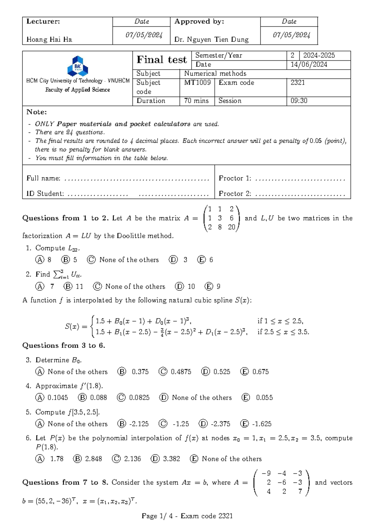 MT1009 Numerical Methods - Practice Final Exam - Studocu