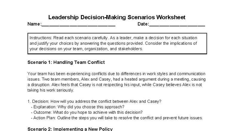 Leadership Decision Making Scenarios Worksheet (LDMSW-1) - Studocu