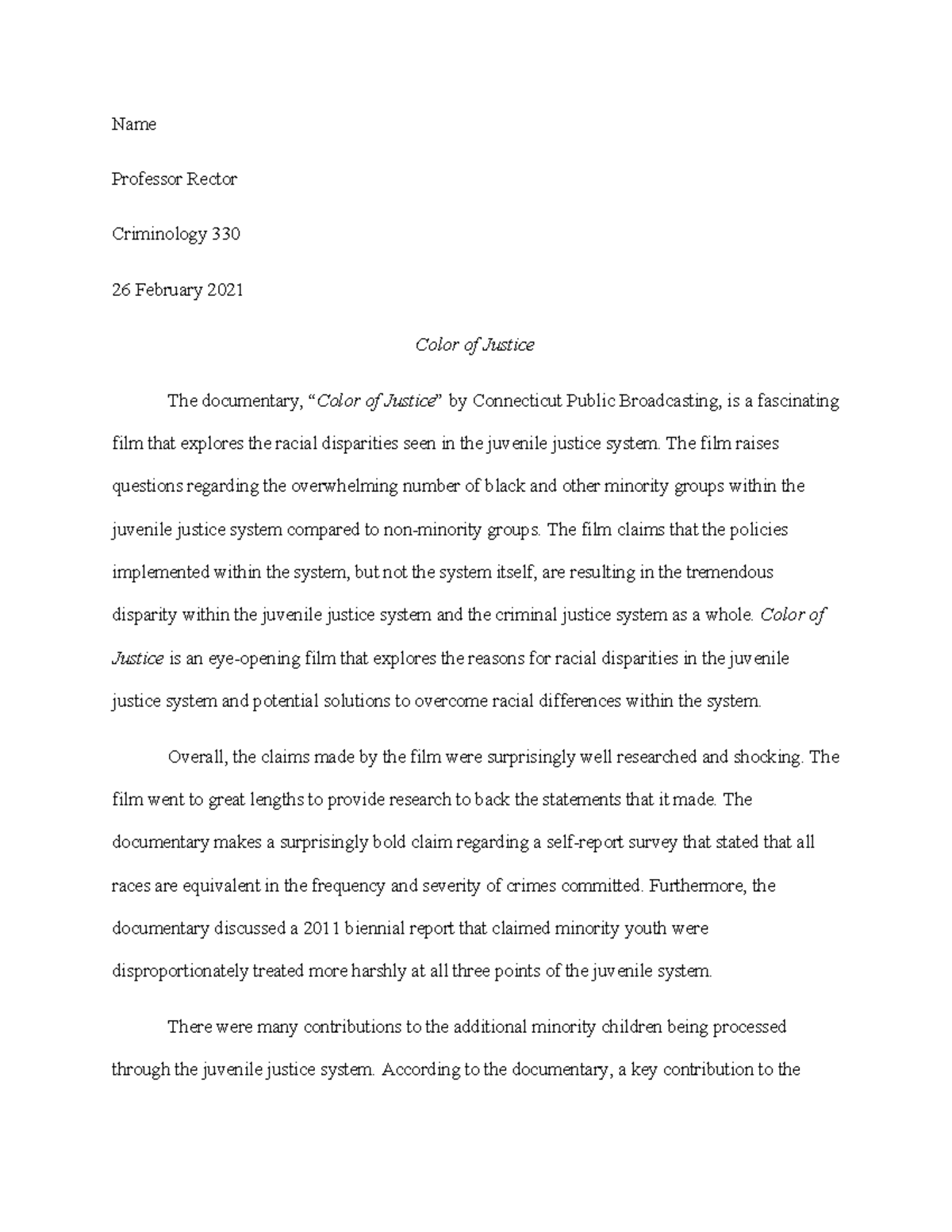 Journal 2 - Name Professor Rector Criminology 330 26 February 2021 ...