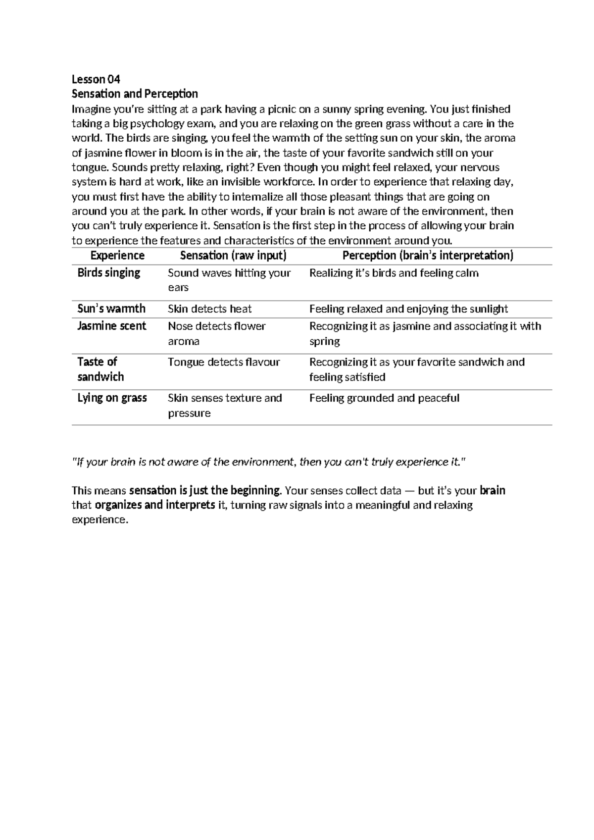 HB Lesson 04: Sensation and Perception Insights - Studocu