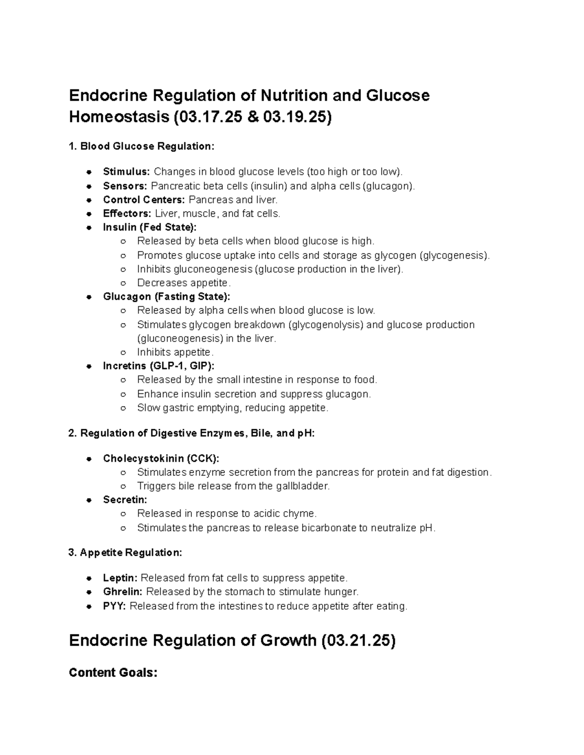 Endocrine Regulation of Nutrition & Homeostasis Notes (Bio 165) - Studocu