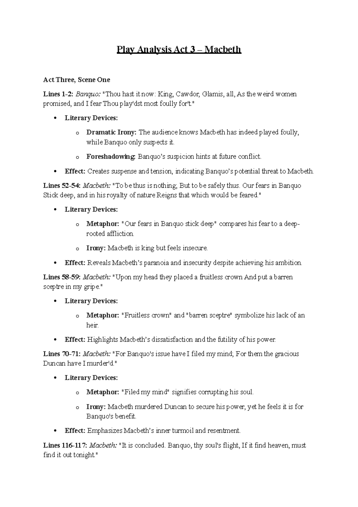 Play Analysis: Macbeth Act 3 - Literary Devices and Themes - Studocu