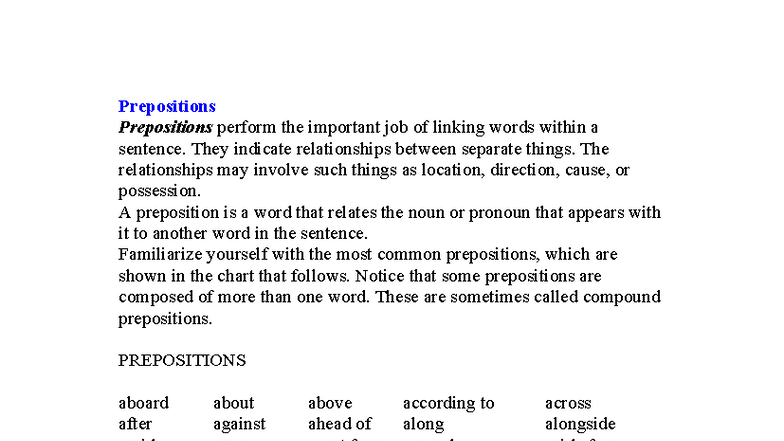 Prepositions - Understanding Their Role in Sentence Structure - Studocu