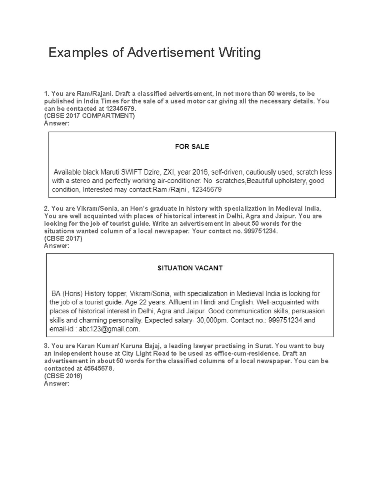 Advertisement Writing Examples (CBSE 2016-2018) - Studocu