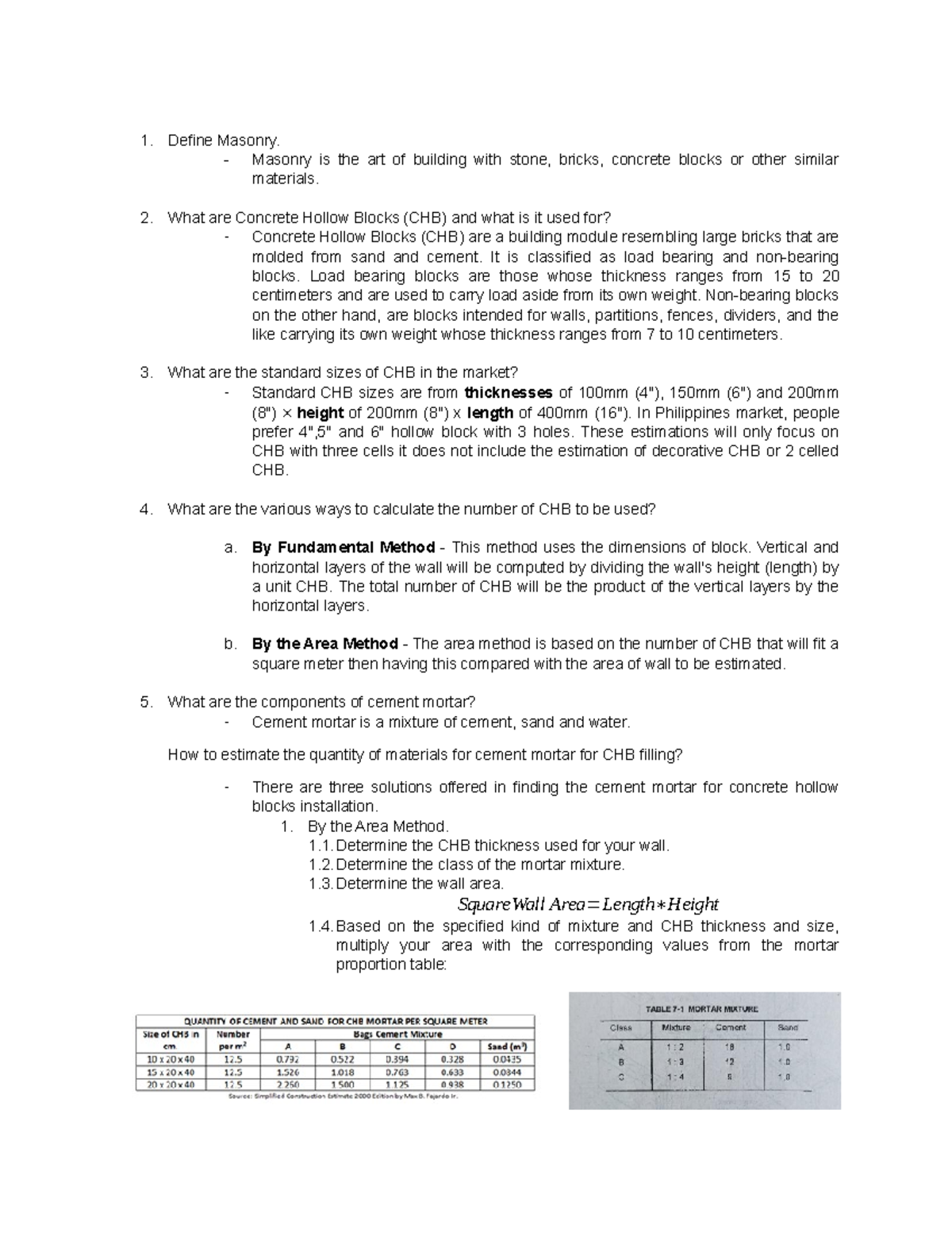Masonry Study Guide: Concrete Hollow Blocks (CHB) Insights - Studocu
