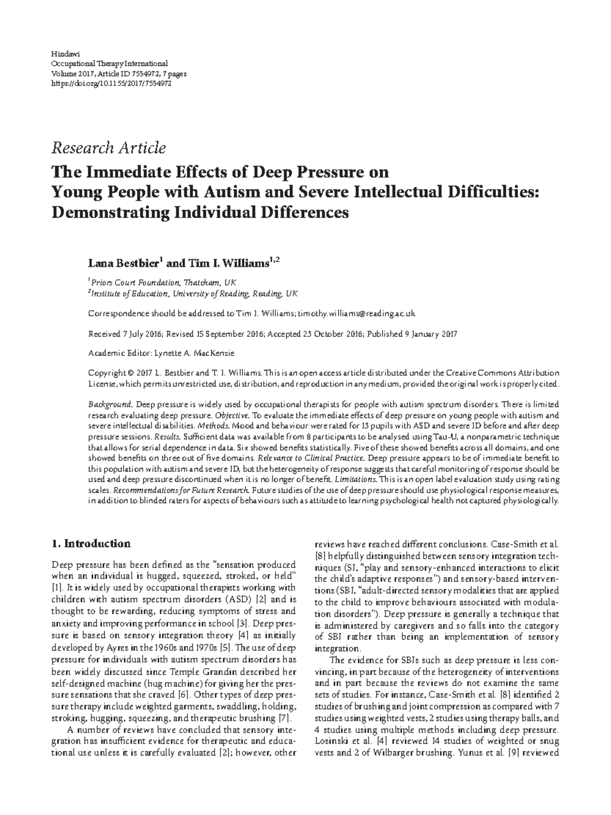 The Immediate Effects of Deep Pressure on Autism: Individual Responses ...