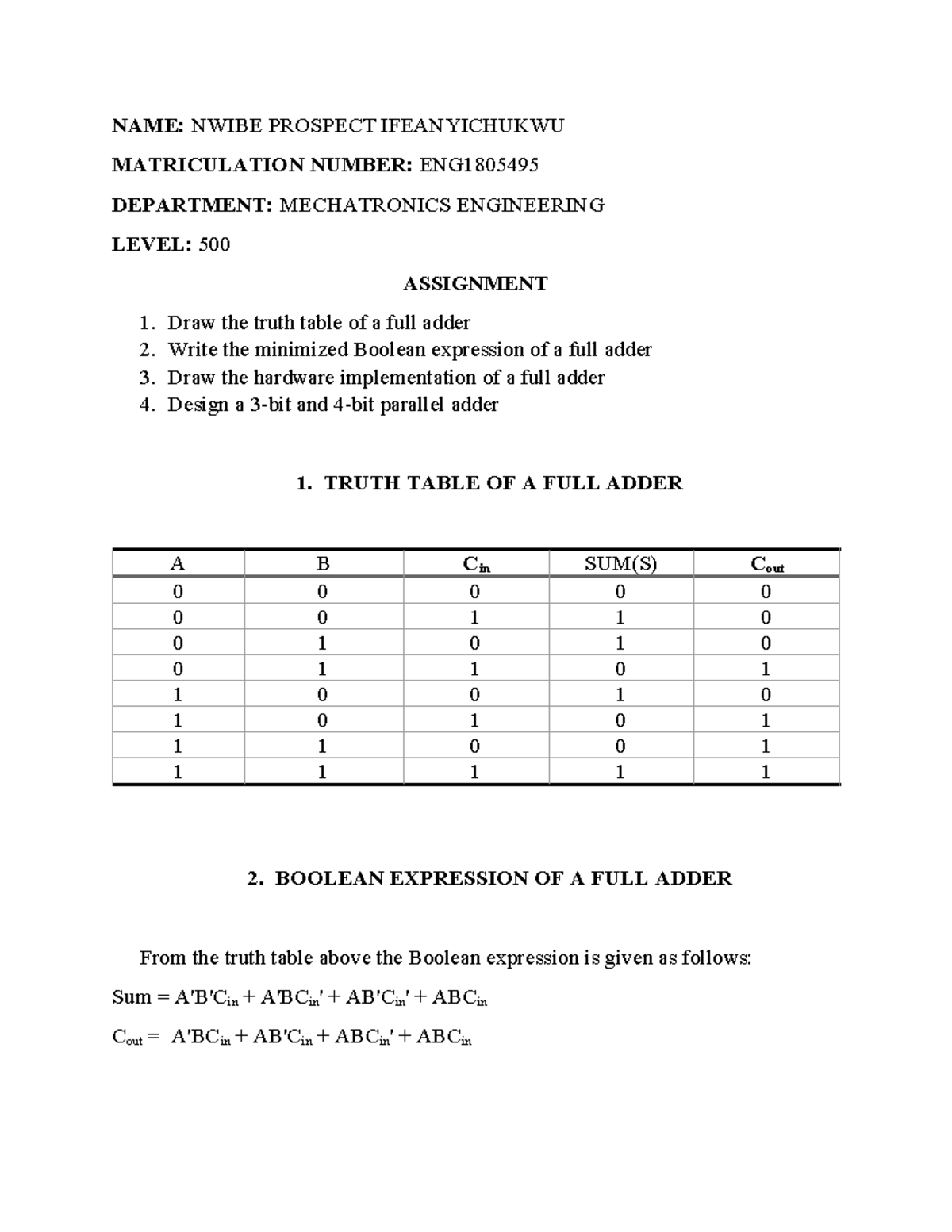 ENG500 Assignment 1: Full Adder Truth Table & Design - Studocu