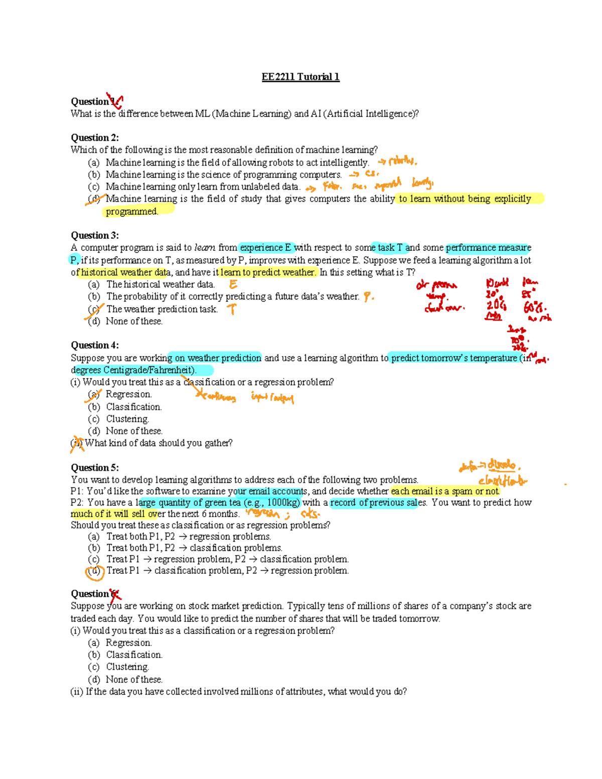 EE2211 Tutorial 1: Machine Learning vs. AI and Key Concepts - Studocu
