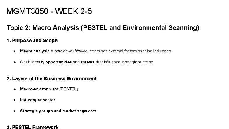 MGMT3050 WEEK 2-5 Summary Notes: Macro Analysis & Strategy Insights ...