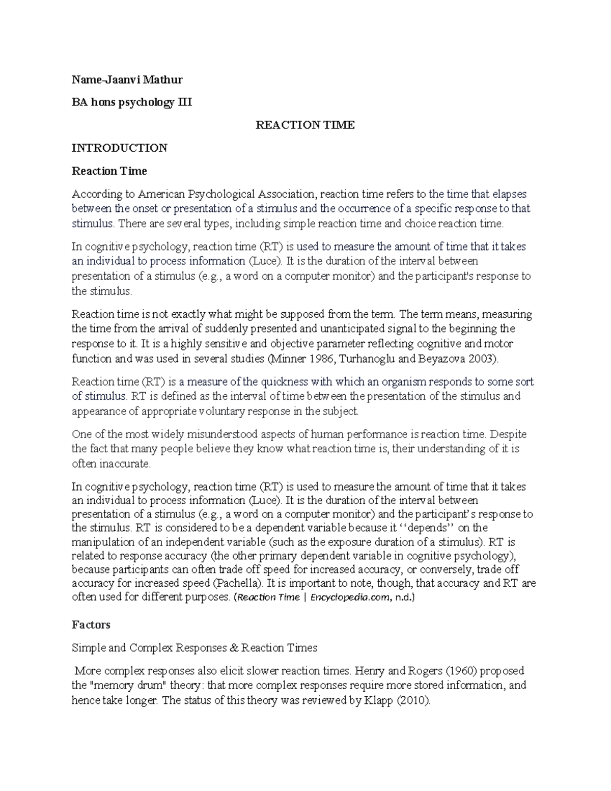 BA Hons Psychology III: Reaction Time - Types and Analysis Notes - Studocu