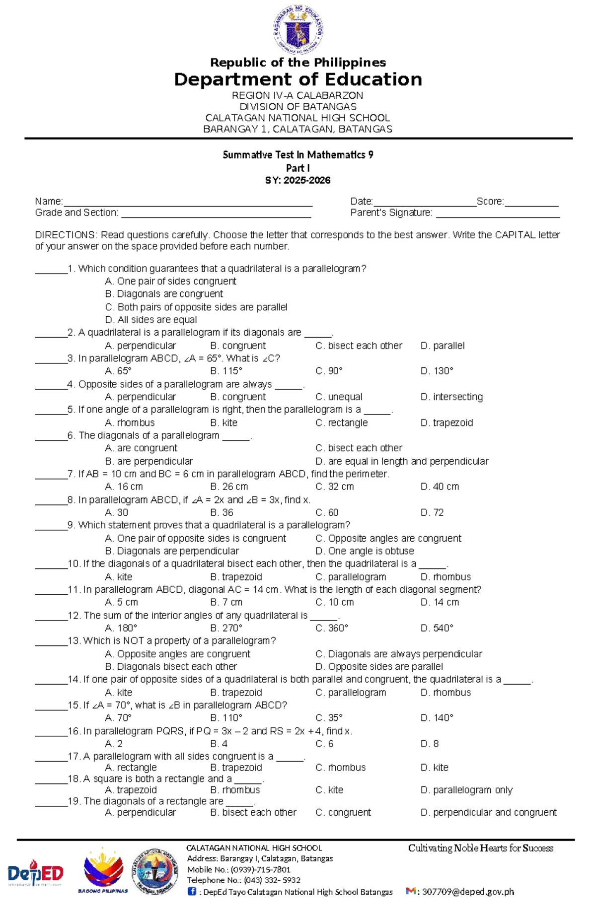 Third Summative Test in Mathematics 9 - Word Problems - Studocu
