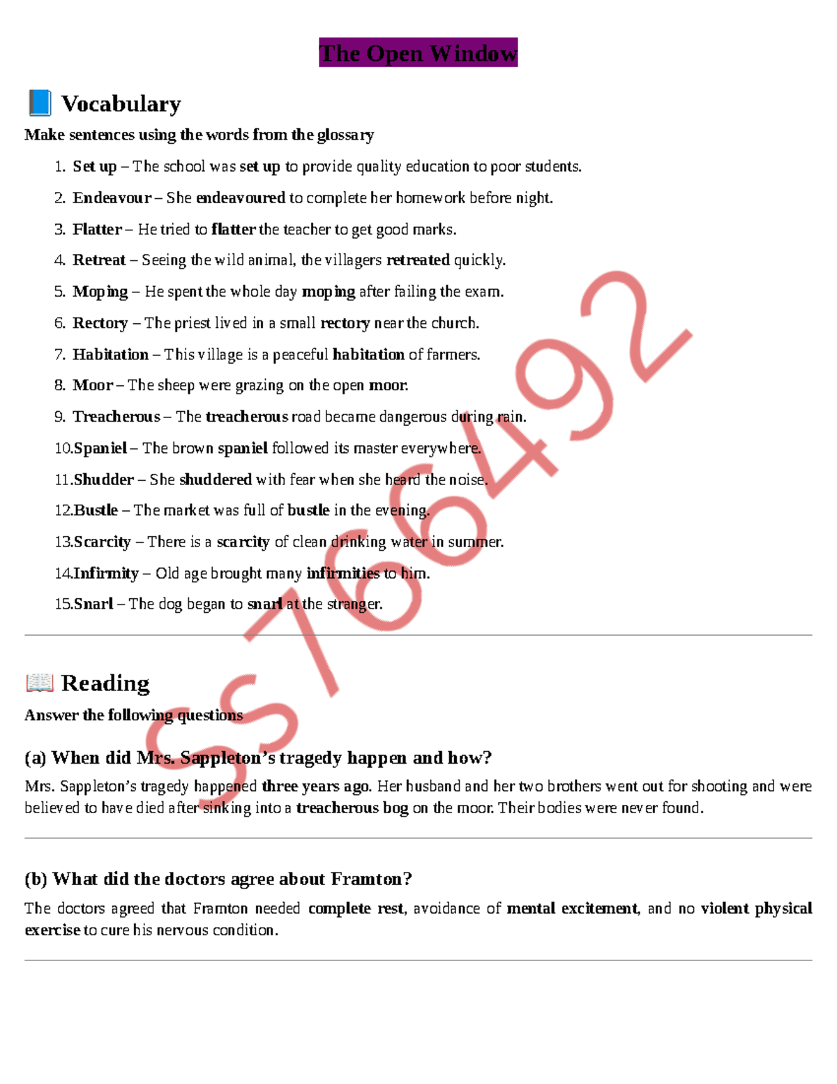 Eng 101: Vocabulary & Summary of "The Open Window" - Studocu