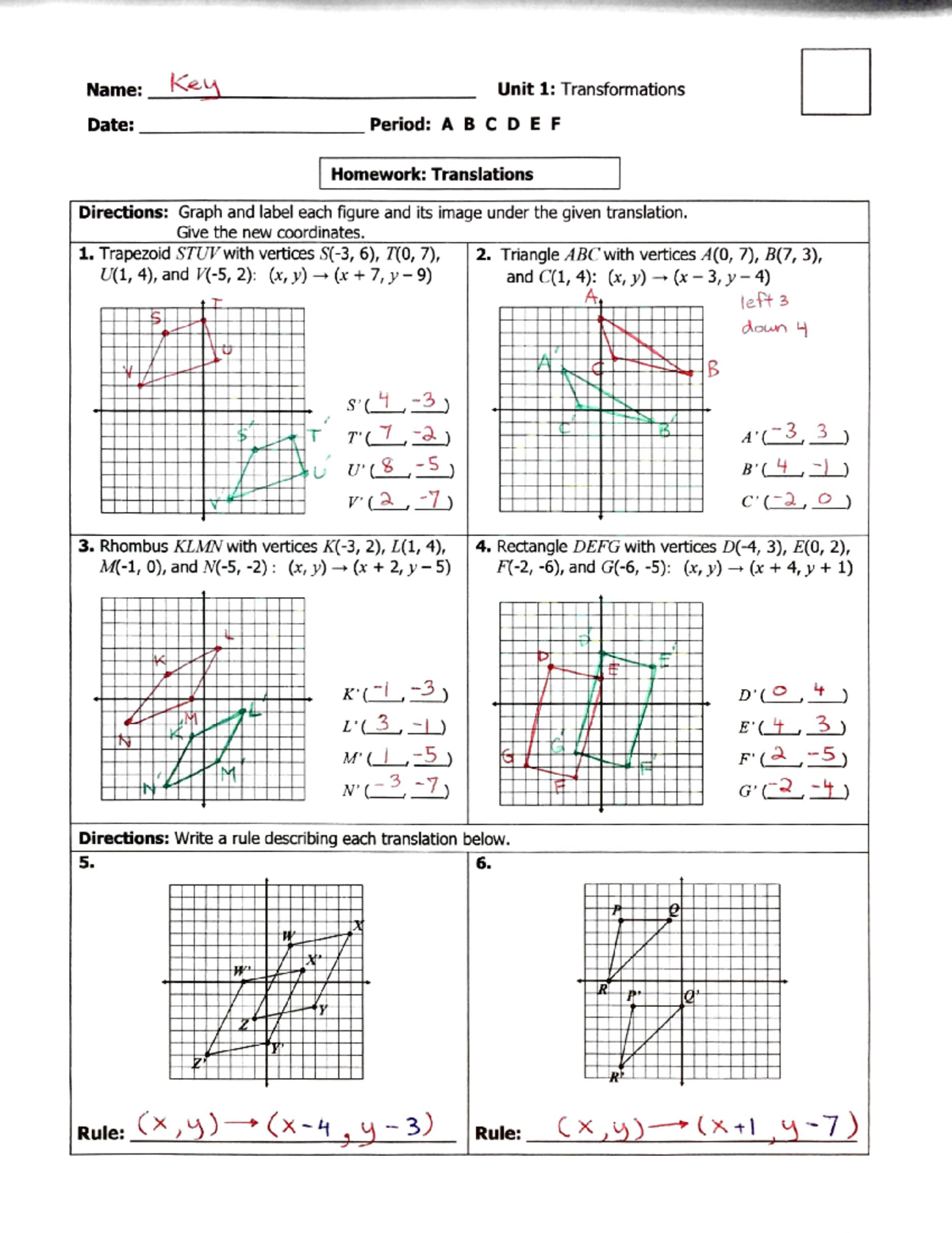 Transformations-translations hw - solutions - Name: Key Unit 1: Transformations Date: Period ...