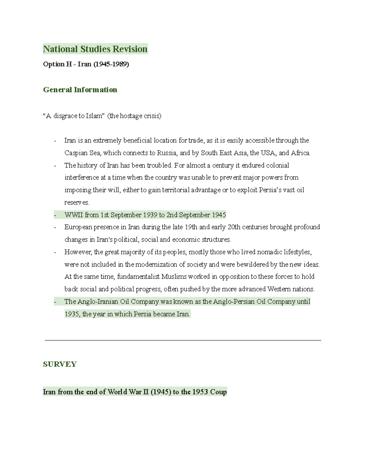 Iran National Studies Revision: Key Events & Impacts (1945-1989) - Studocu