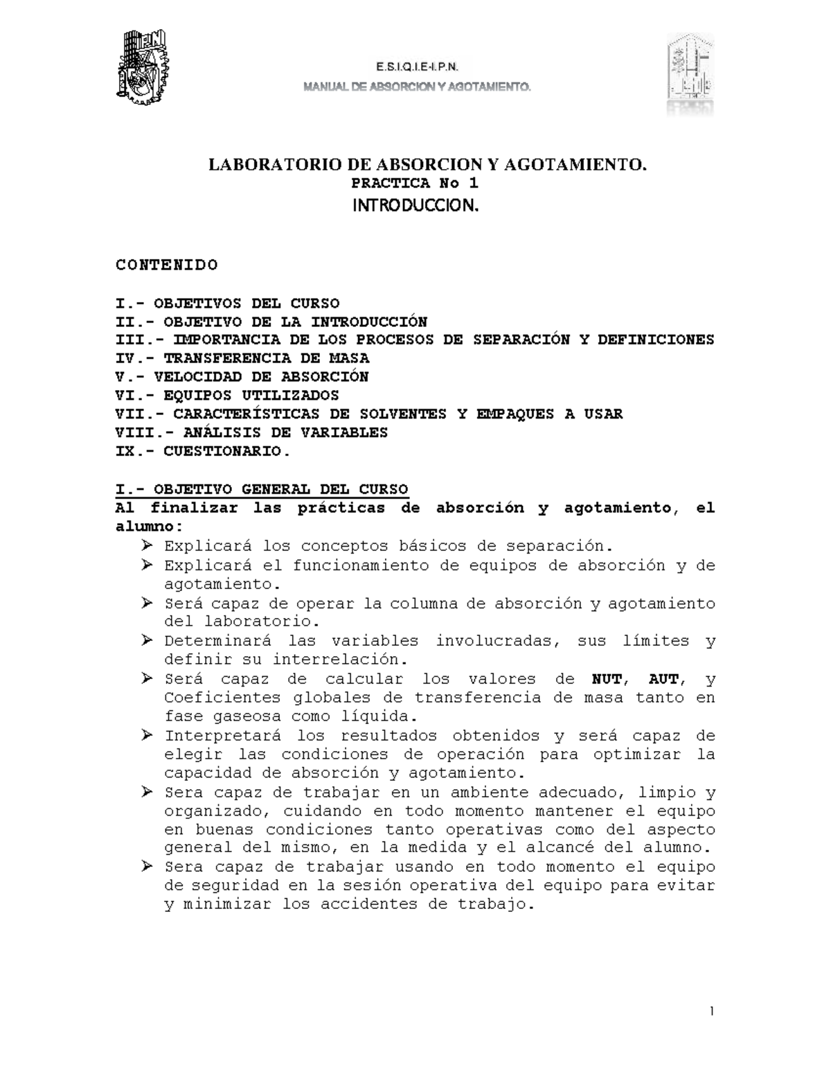 Manual del Laboratorio de Absorción y Agotamiento - Práctica 1 - Studocu