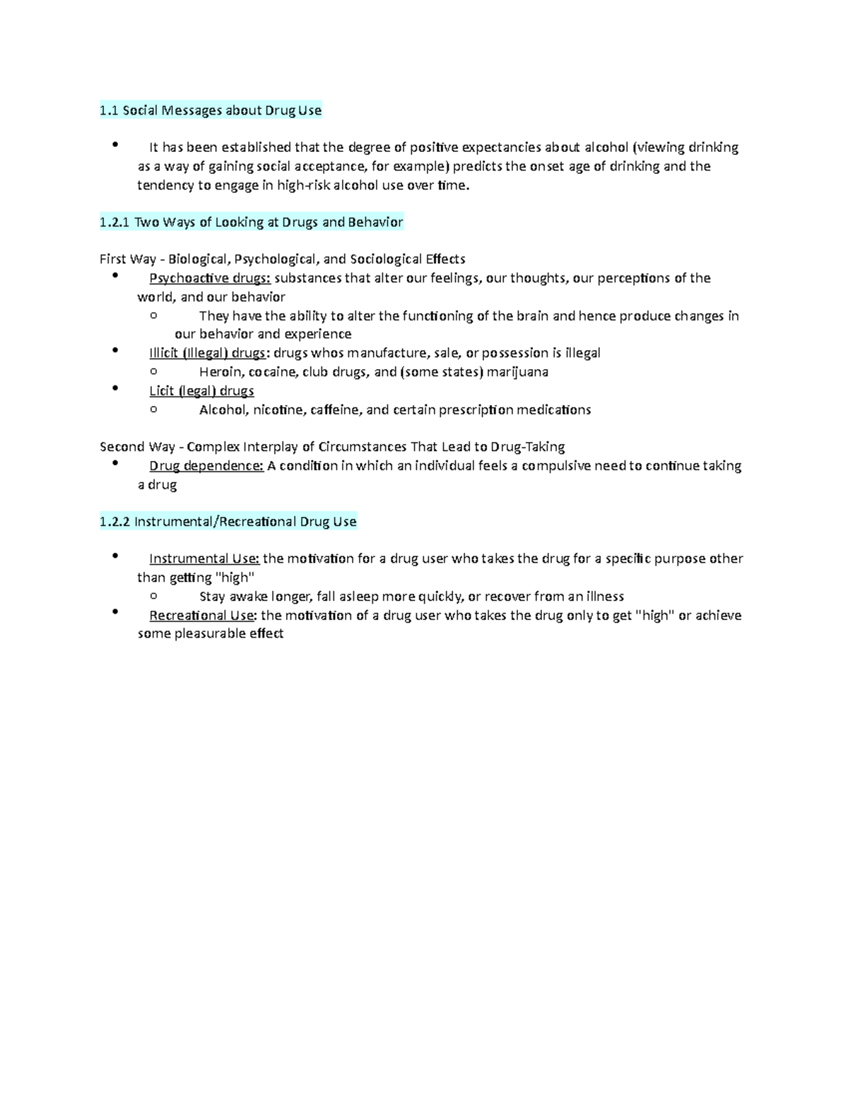 Chapter 1 Notes - Summary Drug Use and Abuse - 1 Social Messages about ...