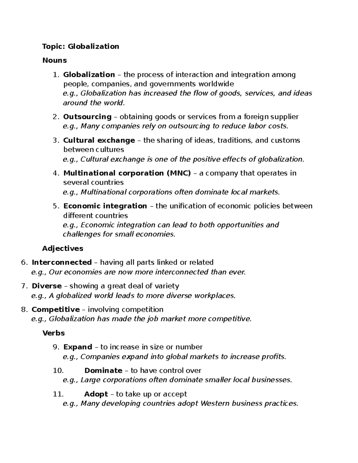 Globalization Vocabulary Worksheet: Key Terms & Definitions - Studocu