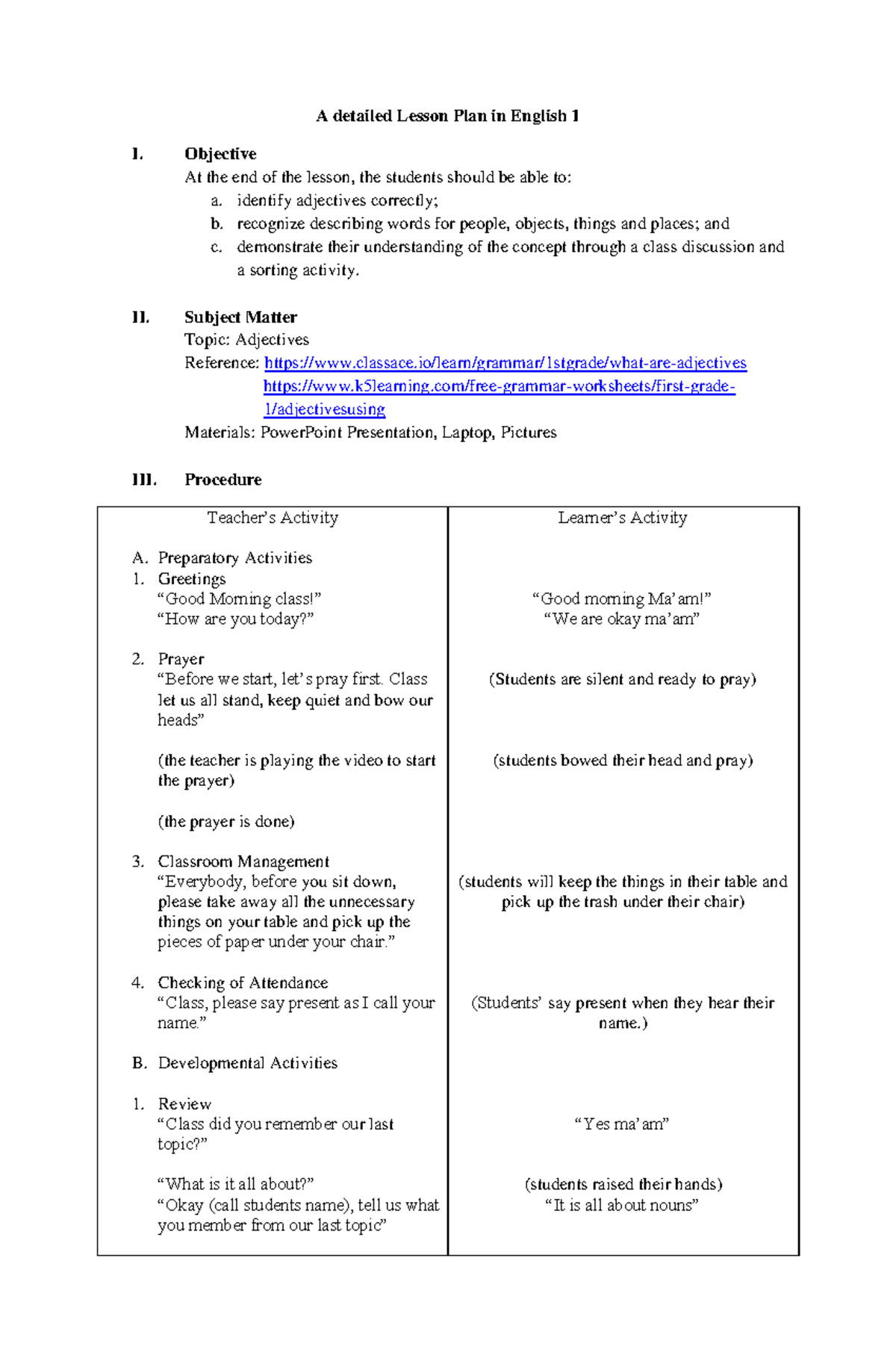 Adjectives - LESSON PLAN for English 1 (Grade 1) - Studocu