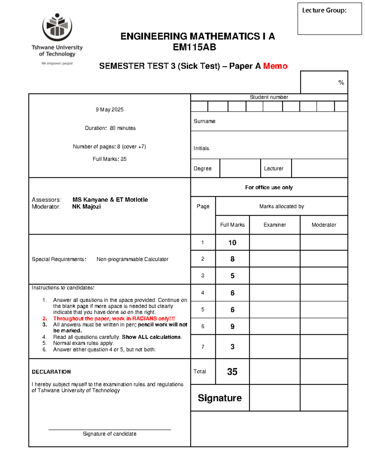 EM115AB Engineering Mathematics I A Semester Test 3 Memo - Studocu