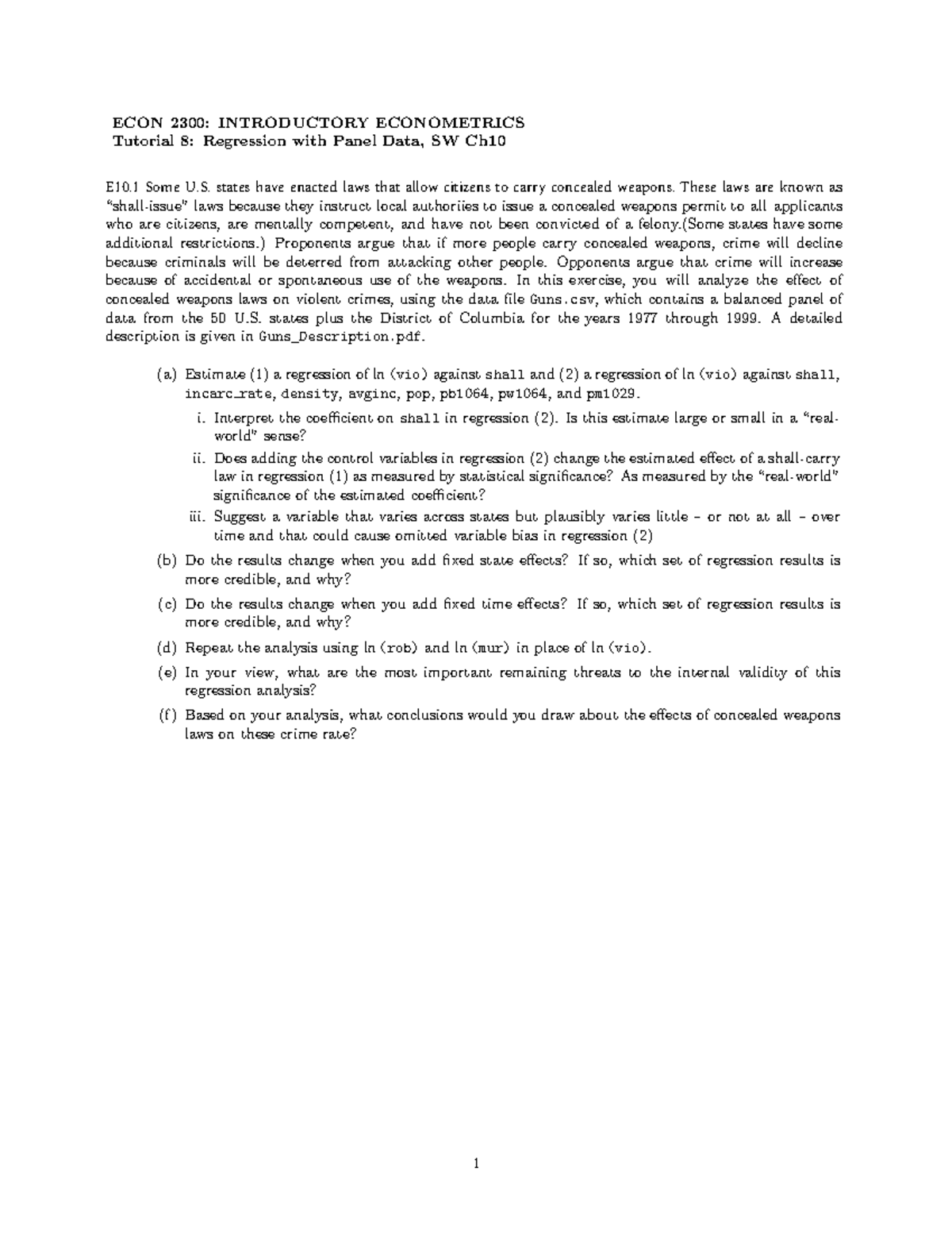 ECON 2300: Introductory Econometrics Tutorial 8 - Panel Data Regression Analysis - Studocu