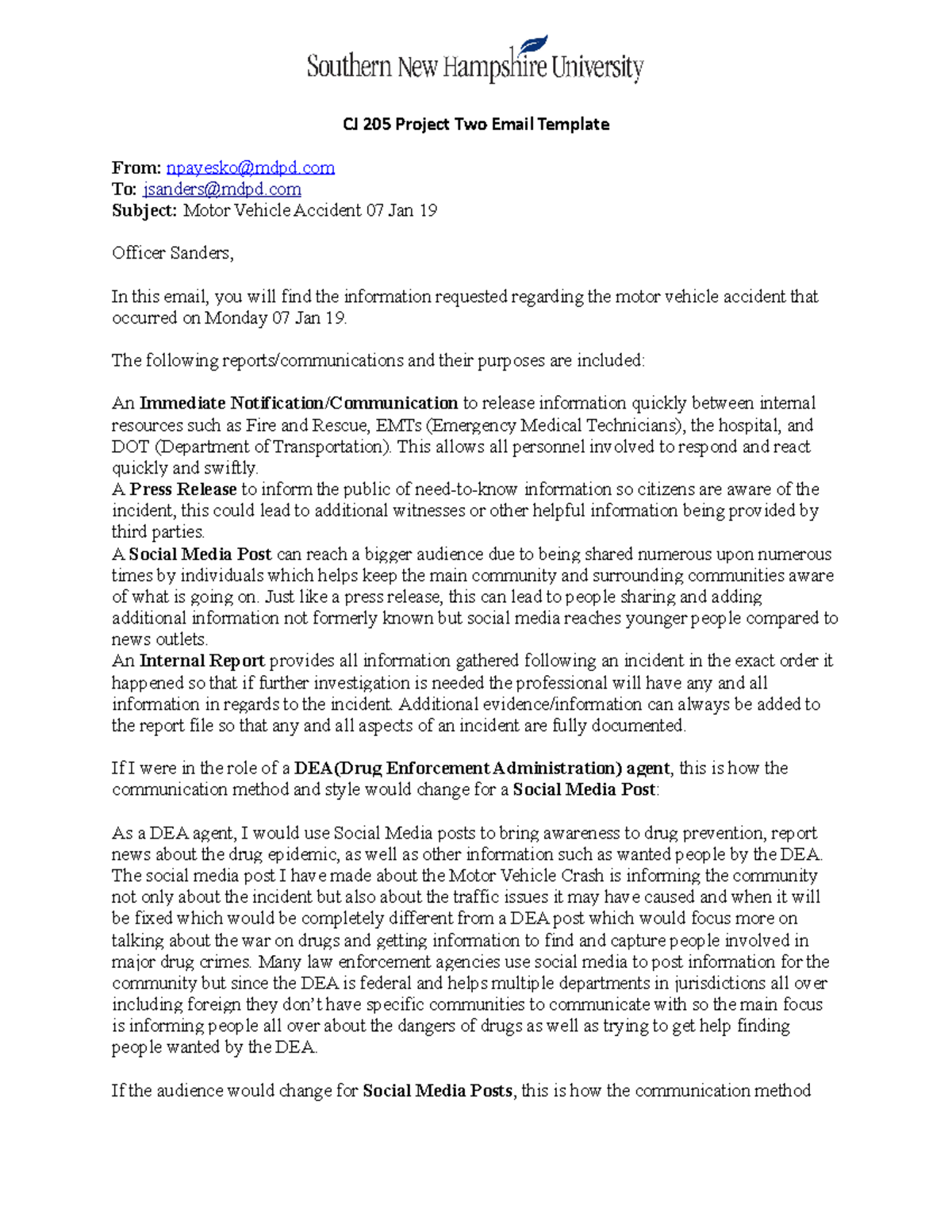 CJ 205 Project Two: Motor Vehicle Accident Email Template - Studocu