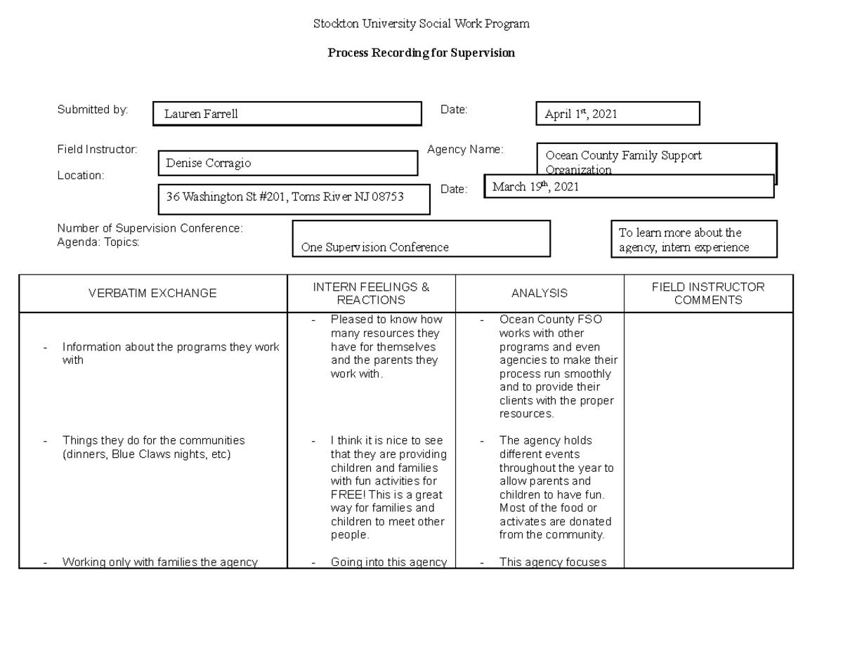Process Recording Supervision - Stock Univ Social Work Program (2021 ...