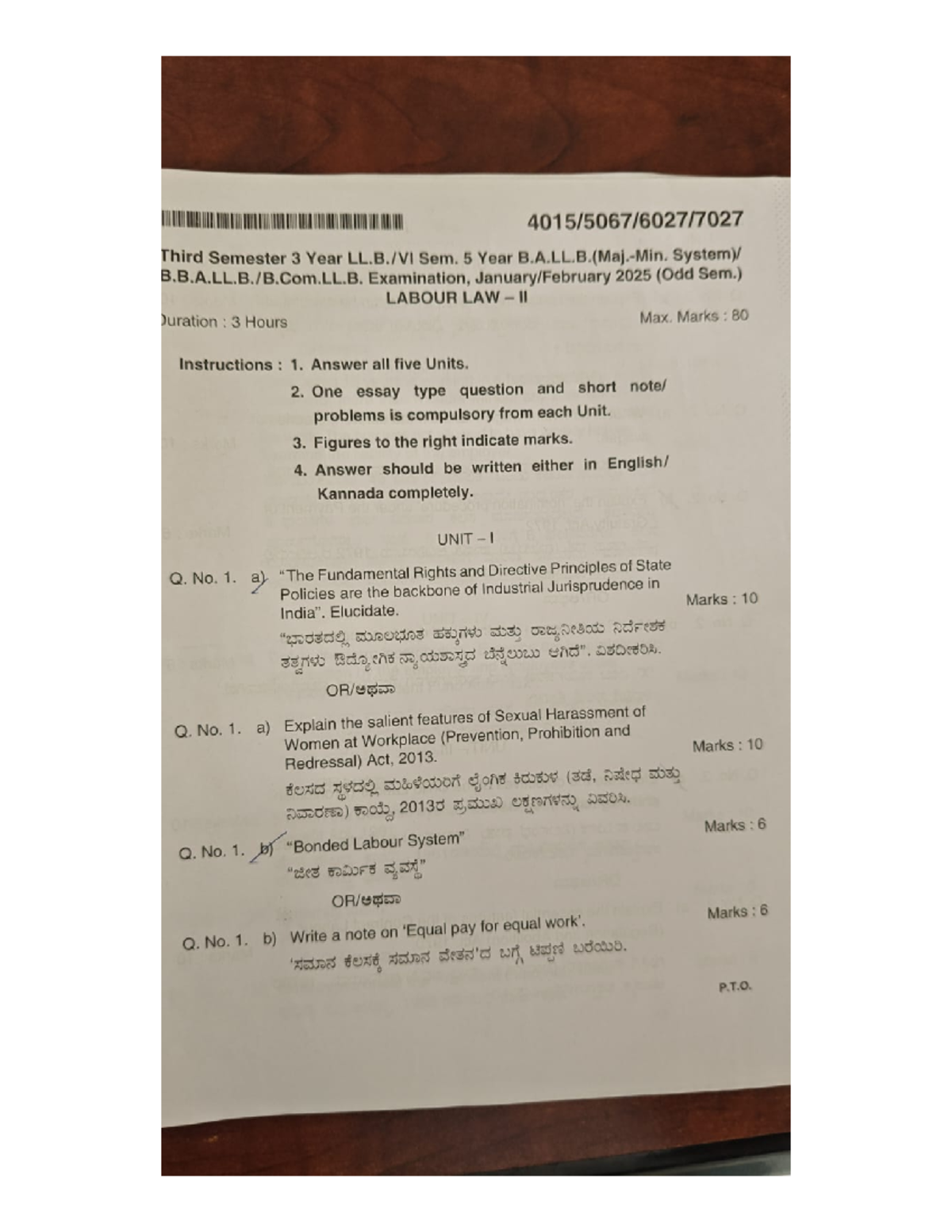 Jan-Feb 2025 3 Year LLB Labour Law II 80 Marks Exam Question Paper ...