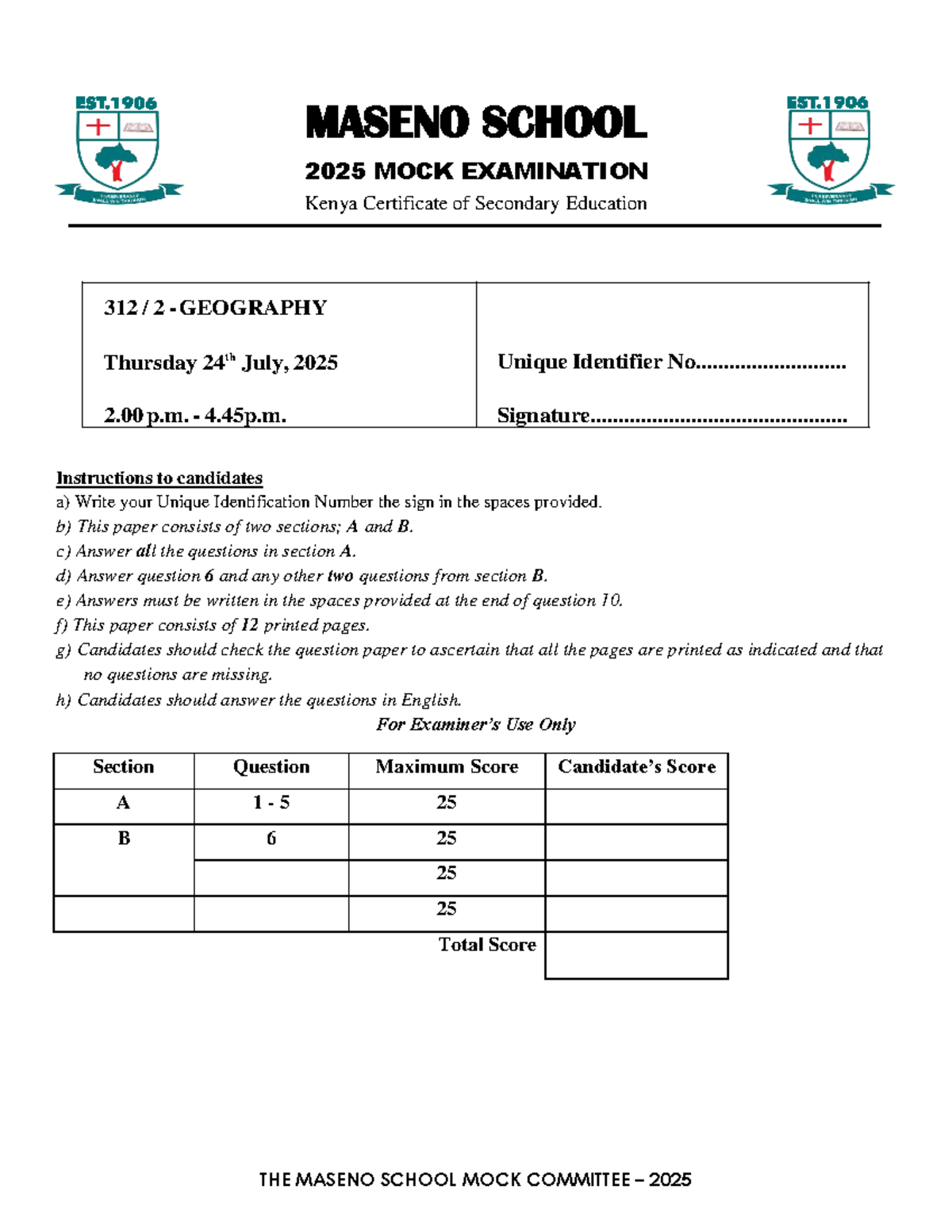MASENO SCHOOL 2025 MOCK EXAM GEOGRAPHY PAPER 2 (312 2) - Studocu
