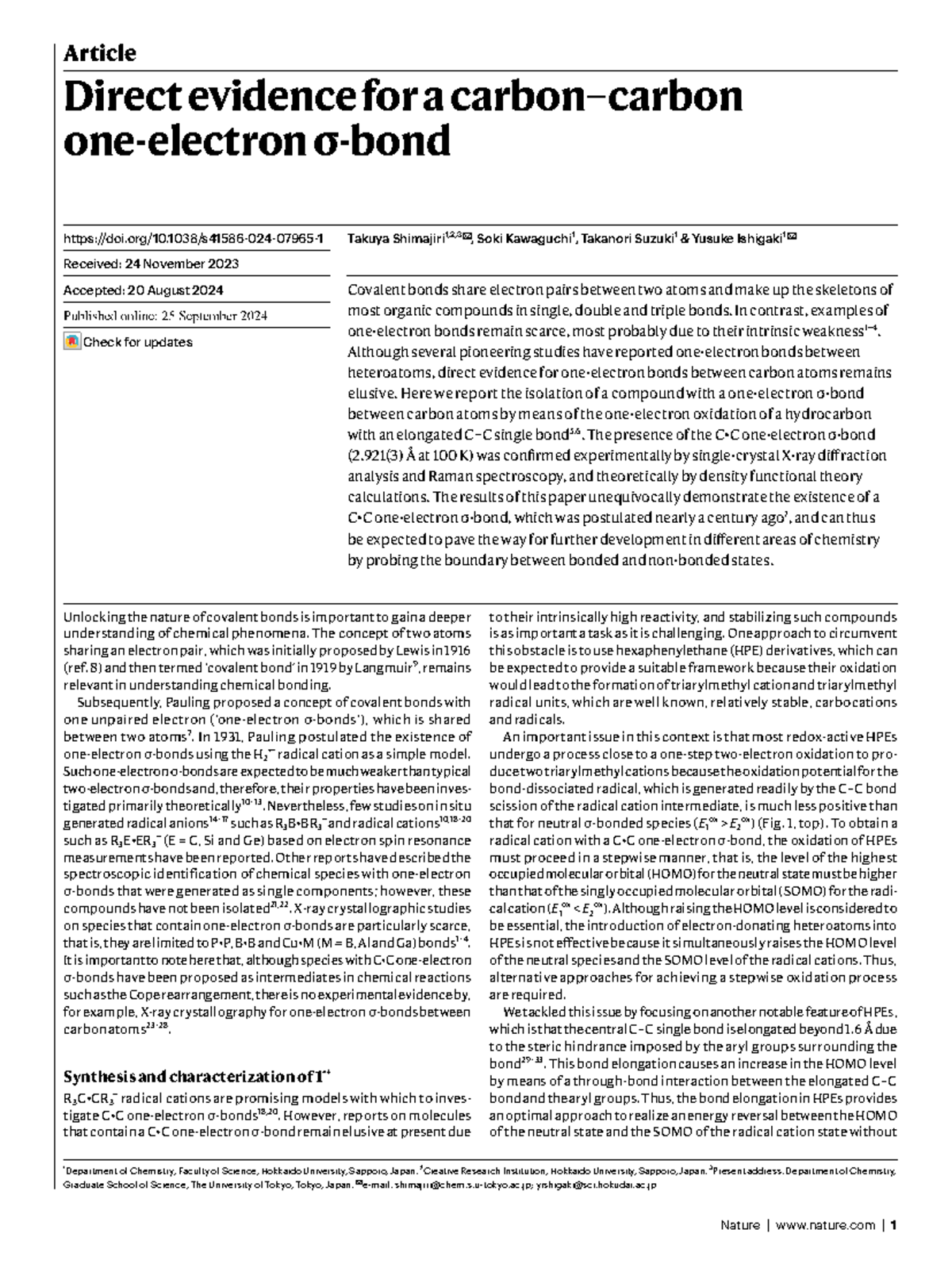 Direct evidence for a carbon carbon one electron sigma bond - Nature ...