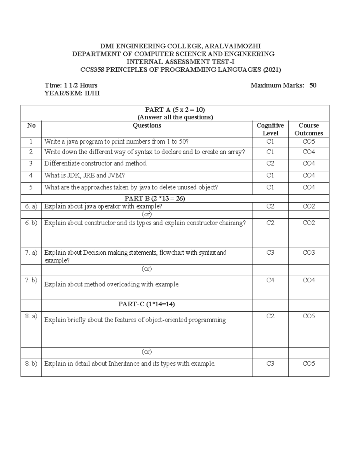 IAT-I CS3391 OOP Internal Assessment Question Paper - Studocu