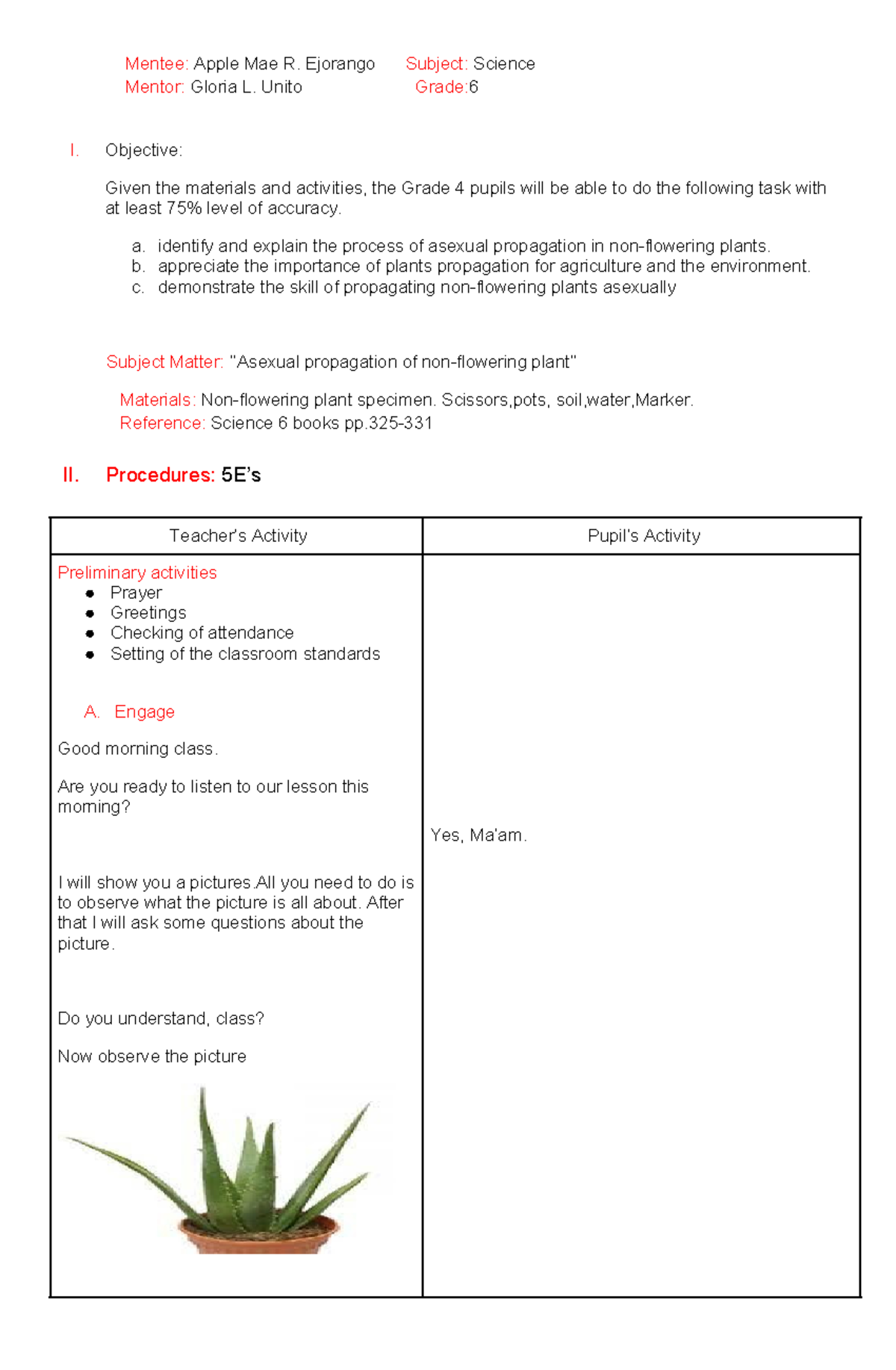 5E's Lesson Plan on Asexual Propagation in Non-Flowering Plants - Studocu