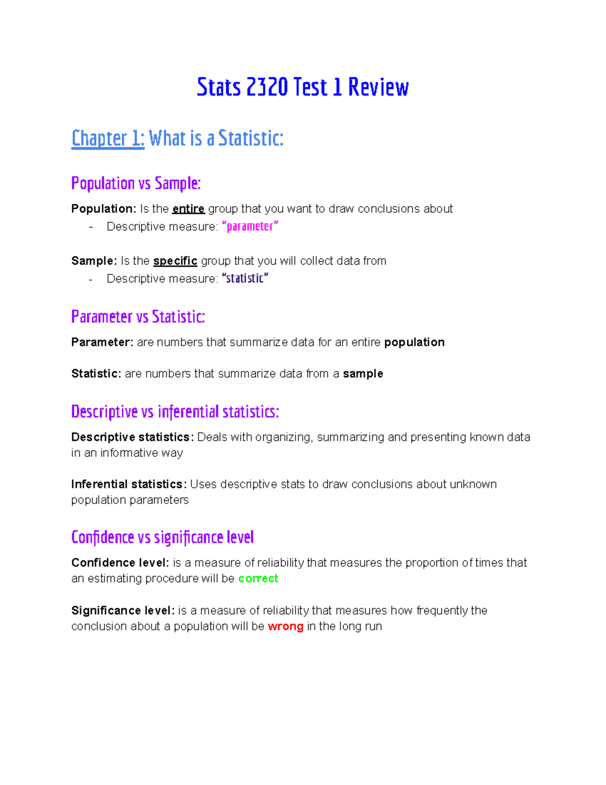 Stats 2320 Test 1 Review: Key Concepts in Statistics - Studocu