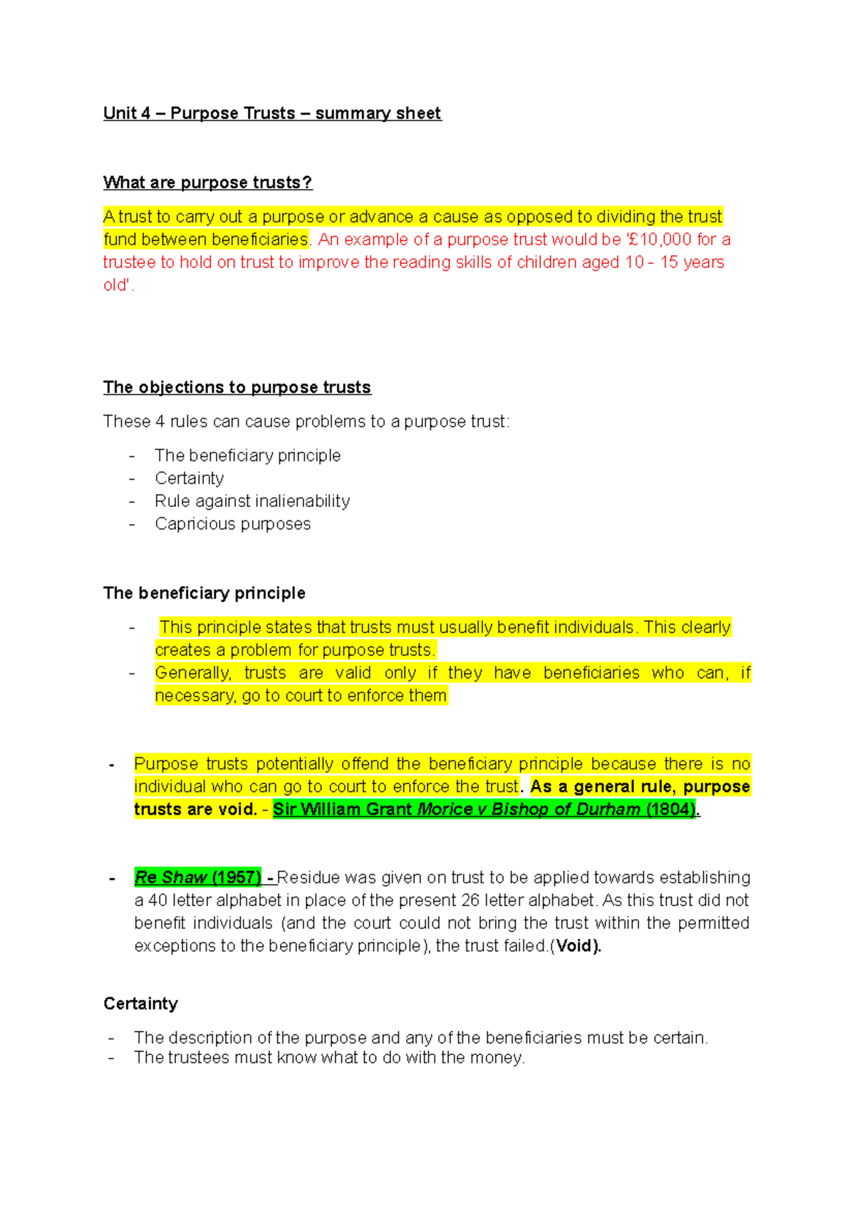 Unit 4 Purpose Trusts: Key Concepts and Legal Principles Summary - Studocu