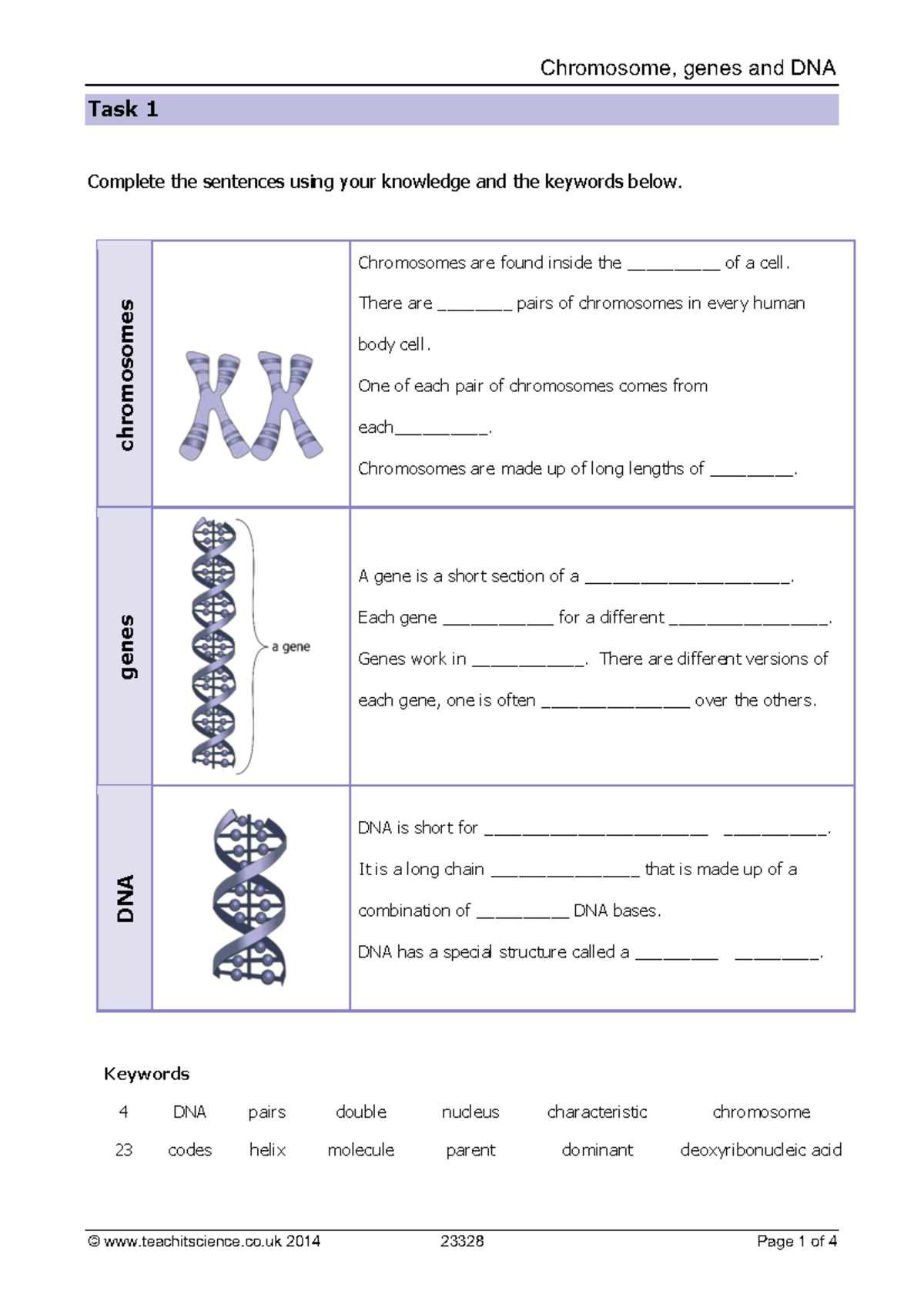 Science 4: Chromosomes, Genes, and DNA Worksheet 1 - Studocu