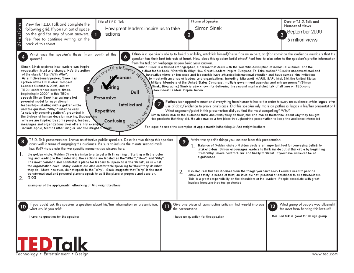 Ted Talk Analysis Worksheet - TED Talk View the T.E. Talk and complete ...