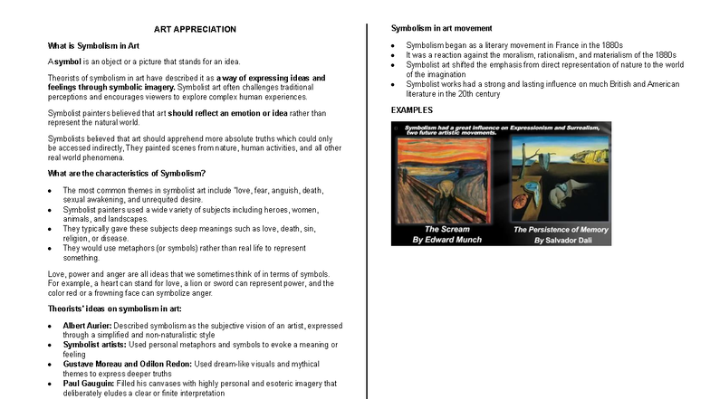 ART Appreciation - Symbolism in Art: SEMI Finals Notes - Studocu