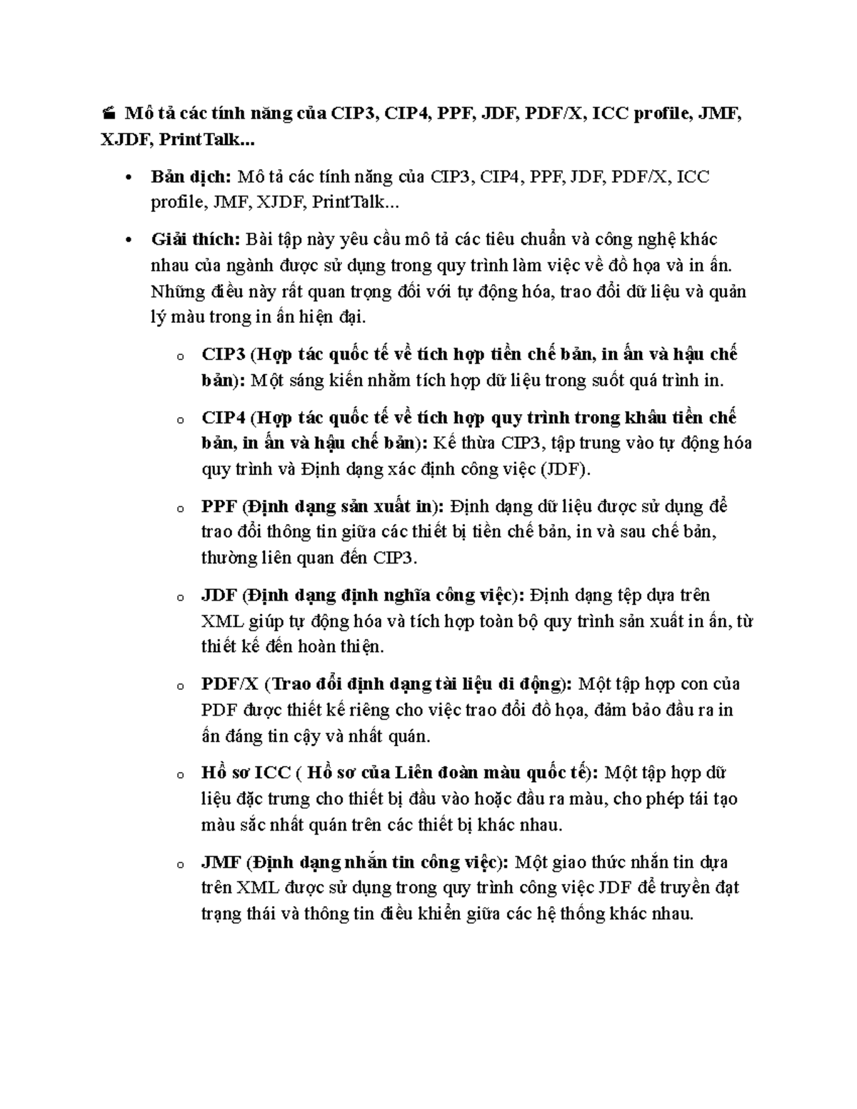 Mô tả các tính năng của CIP3, CIP4, JDF và công nghệ in ấn - Studocu