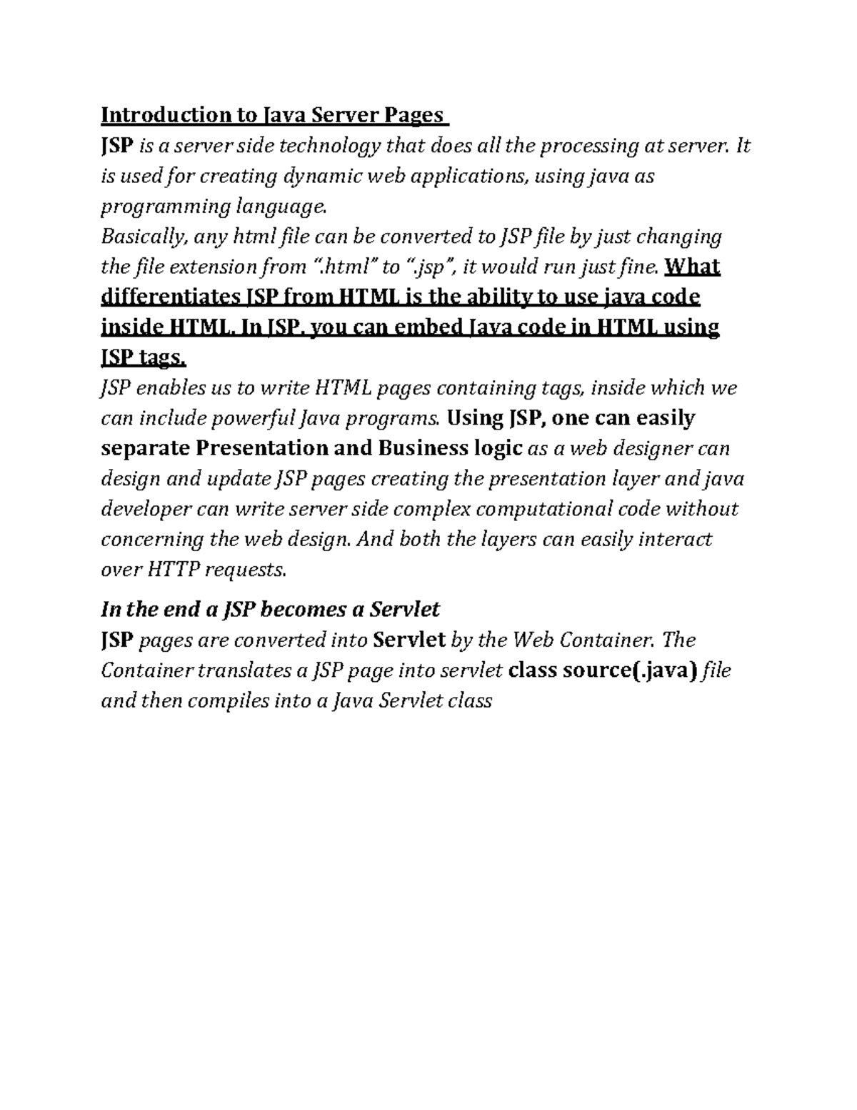 JSP Full Notes - Introduction to Java Server Pages JSP is a server side ...