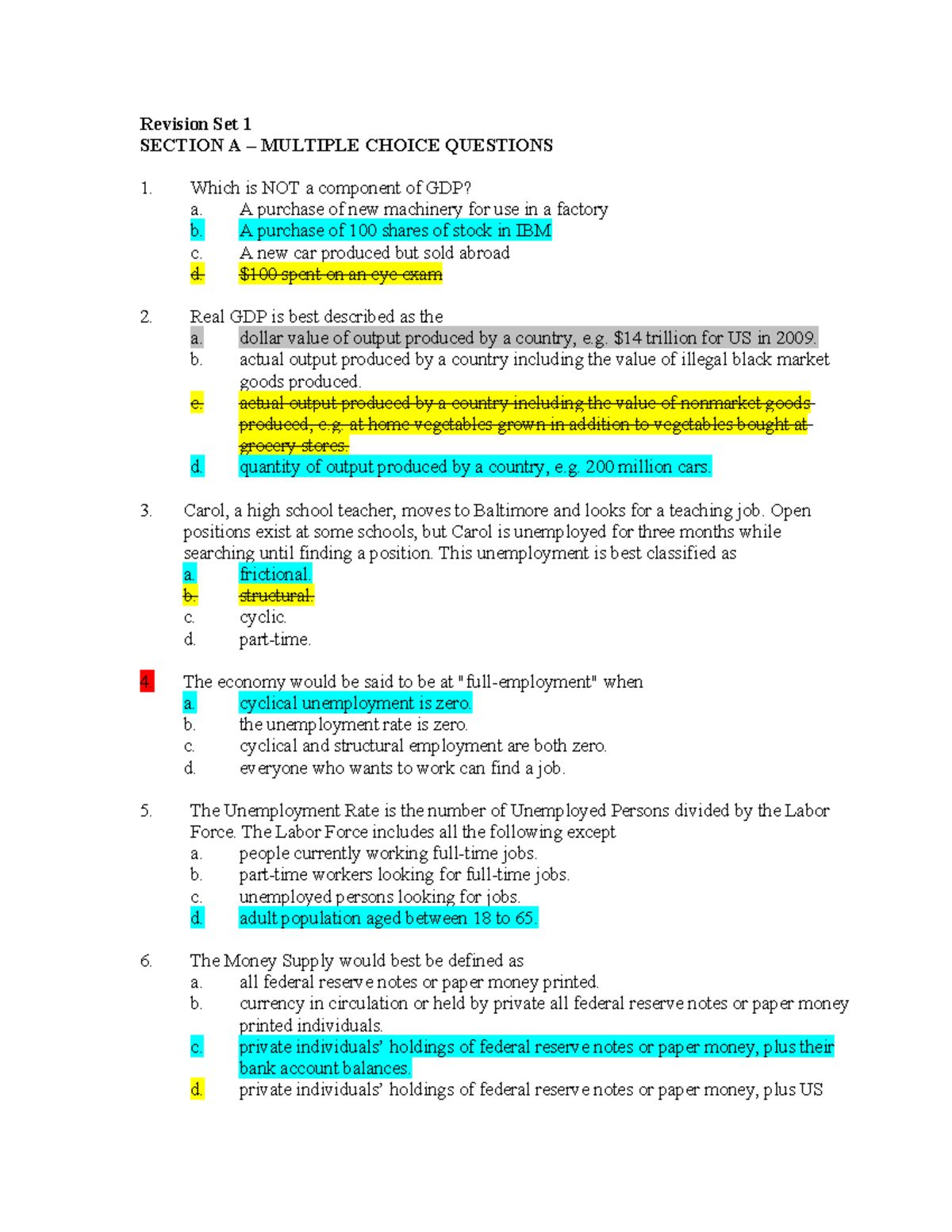 Revision Questions Midterm (MCQ) Student Copy - Economics 101 - Studocu